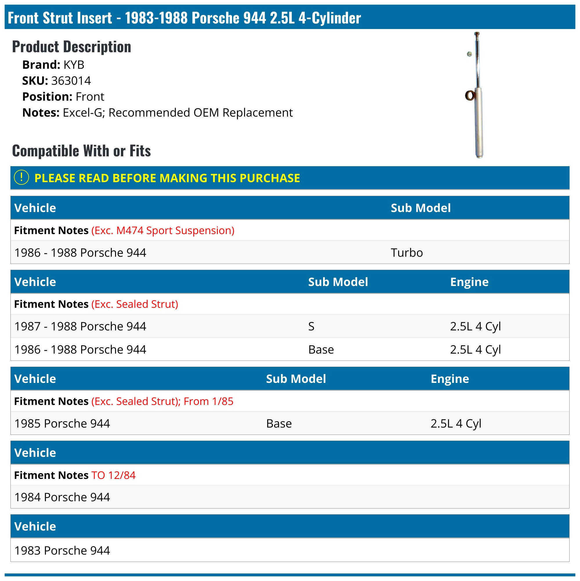 1983-1988 Porsche 944 Strut Insert - KYB 363014 - Front - PartsGeek.com