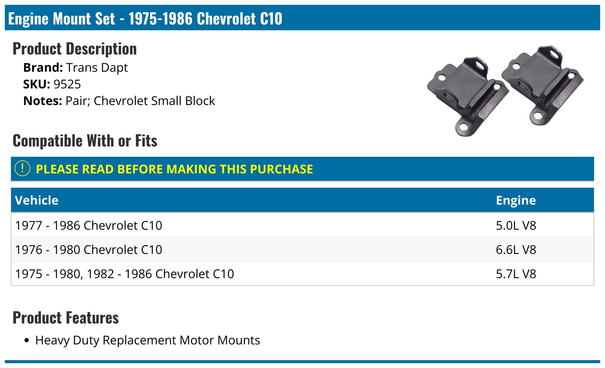 1975-1986 Chevrolet C10 Engine Mount - Trans Dapt 9525 - PartsGeek.com