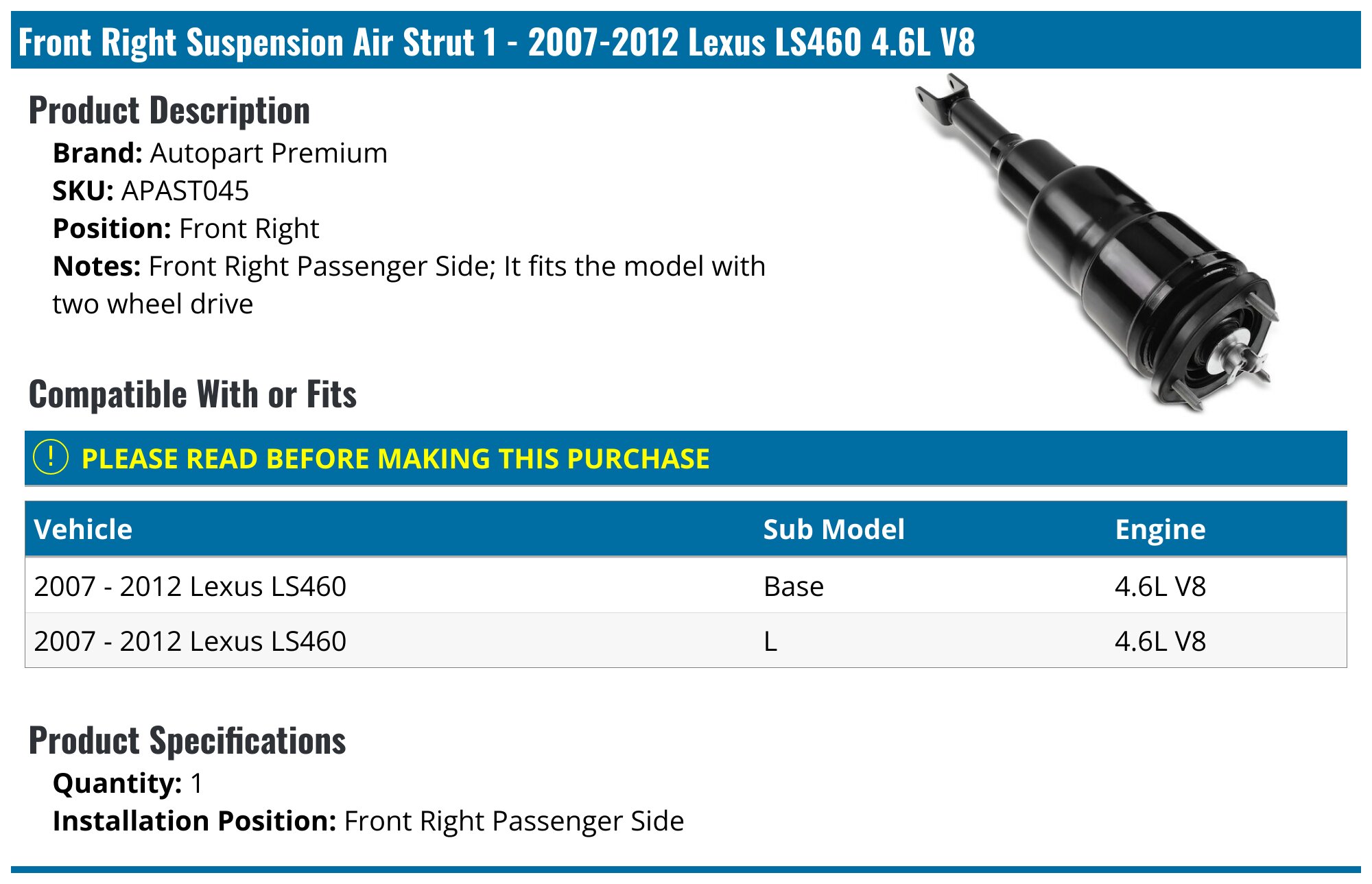 2007-2017 Lexus LS460 Suspension Air Strut - Autopart Premium APAST045 ...