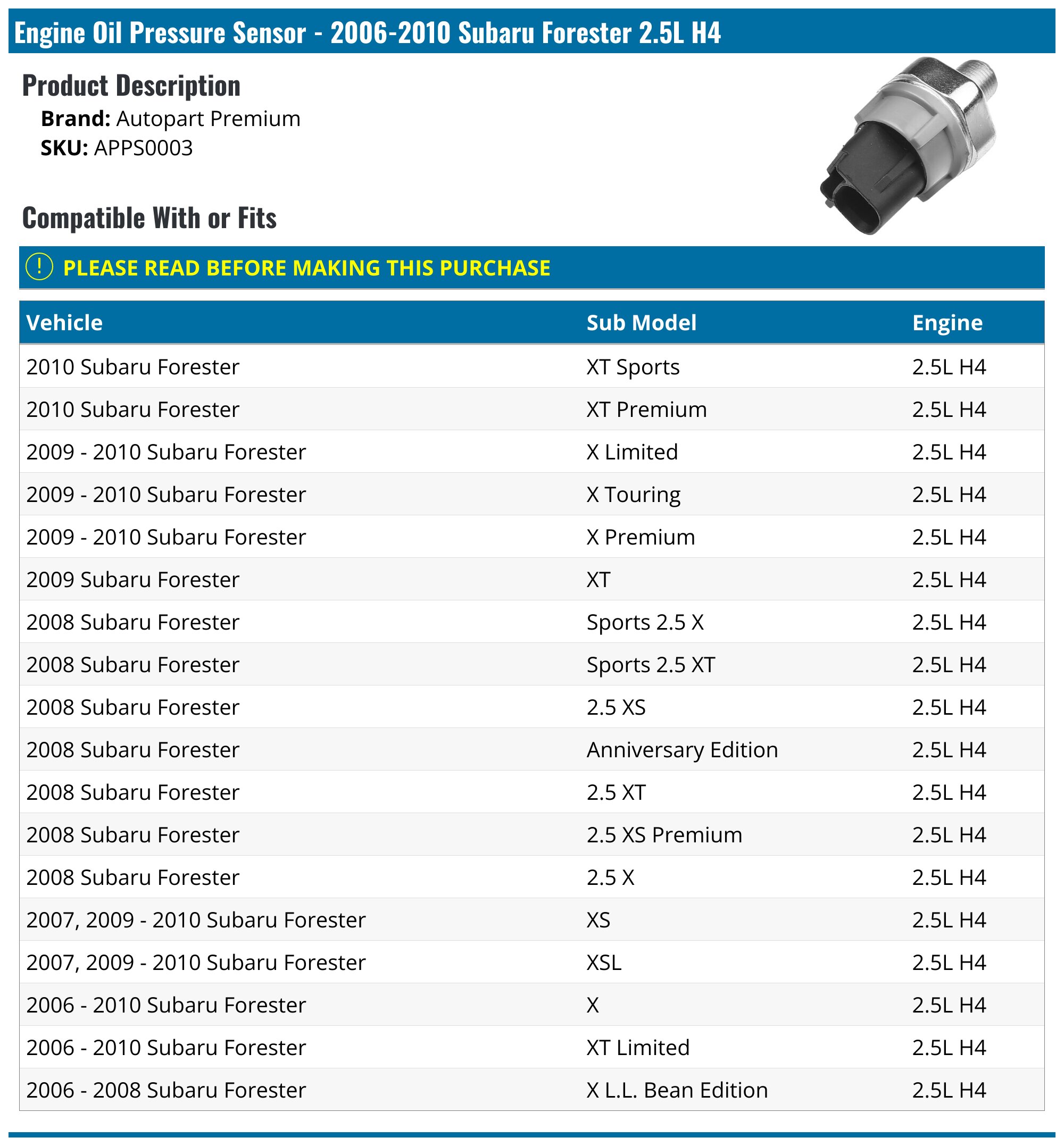 2006-2010 Subaru Forester Engine Oil Pressure Sensor - Autopart Premium ...