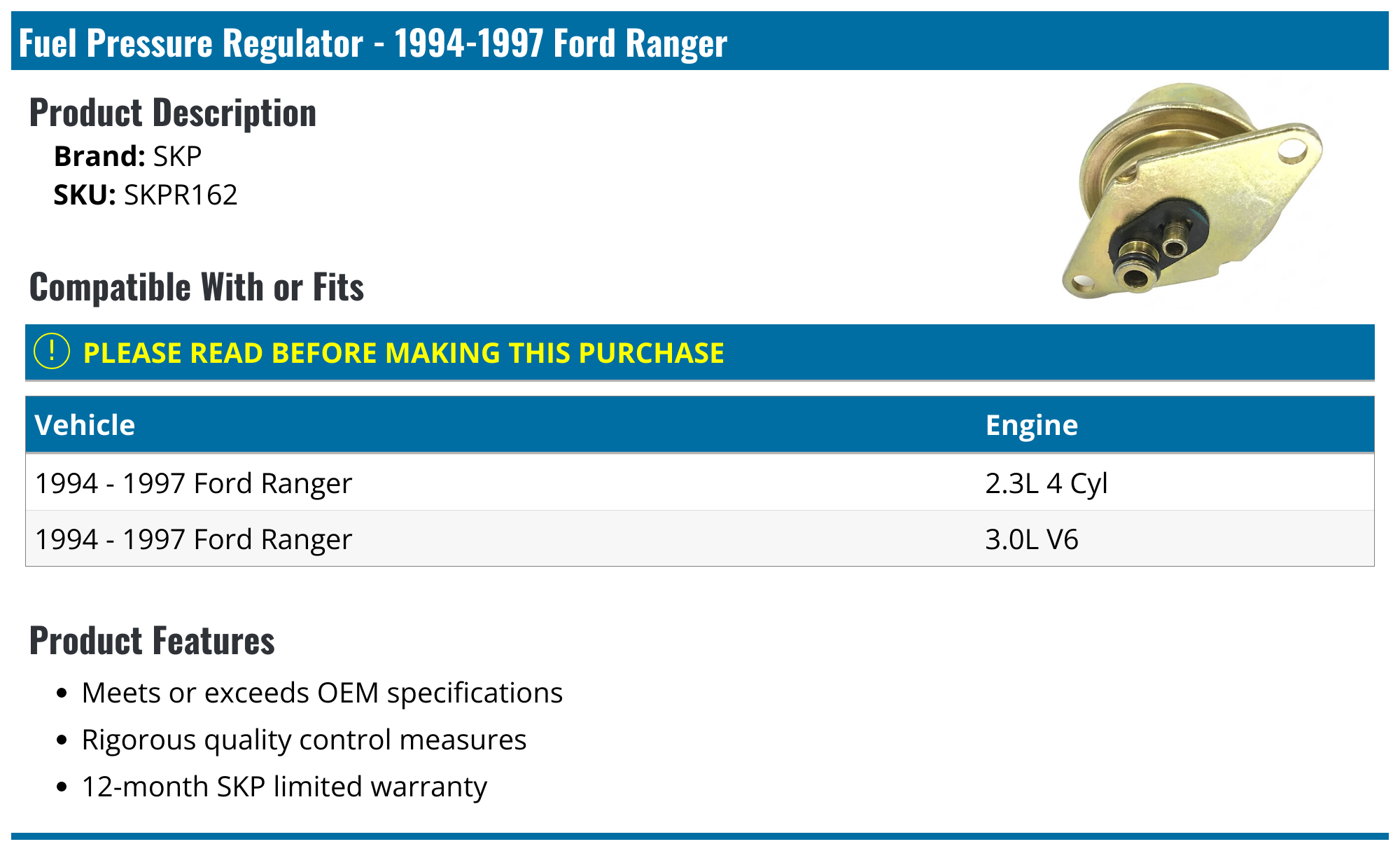 1994-1997 Ford Ranger Fuel Pressure Regulator - SKP SKPR162 - PartsGeek.com