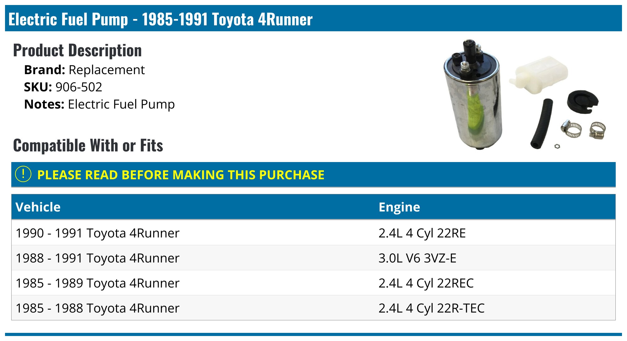 1985-1991 Toyota 4Runner Fuel Pump - Replacement 906-502 - - PartsGeek.com