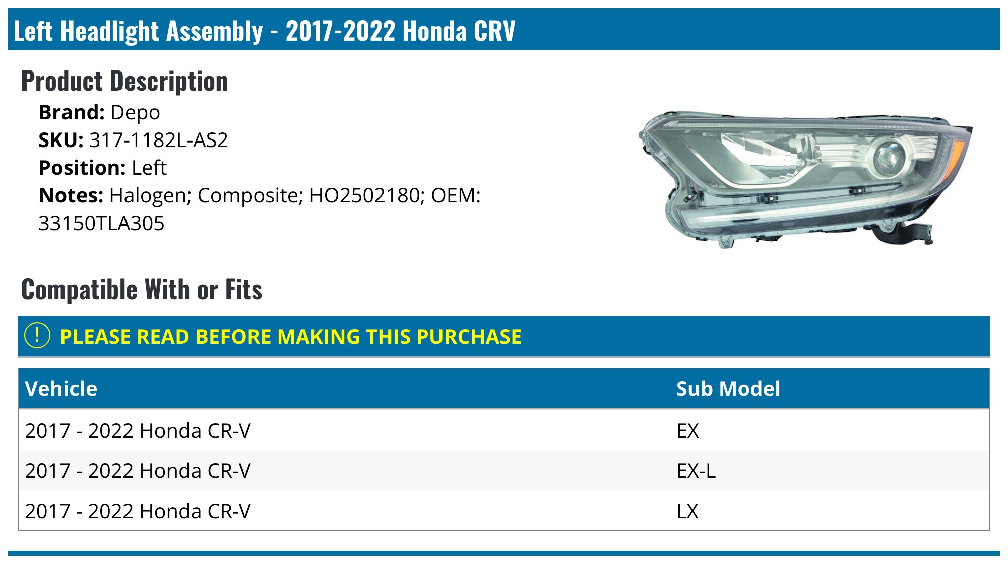2017-2022 Honda CRV Headlight Assembly - Depo 317-1182L-AS2 - Left ...