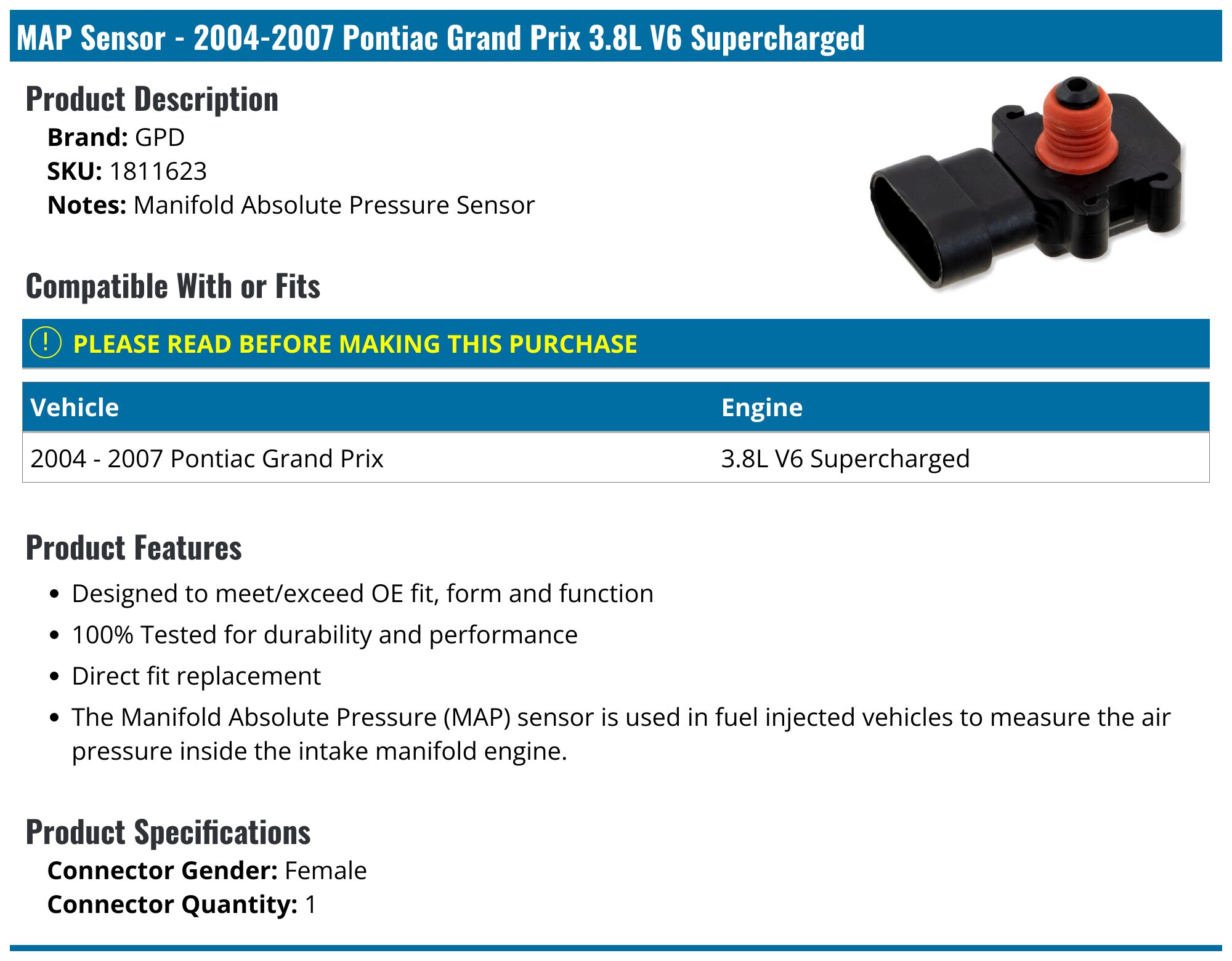 2004-2007 Pontiac Grand Prix MAP Sensor - GPD 1811623 - PartsGeek.com
