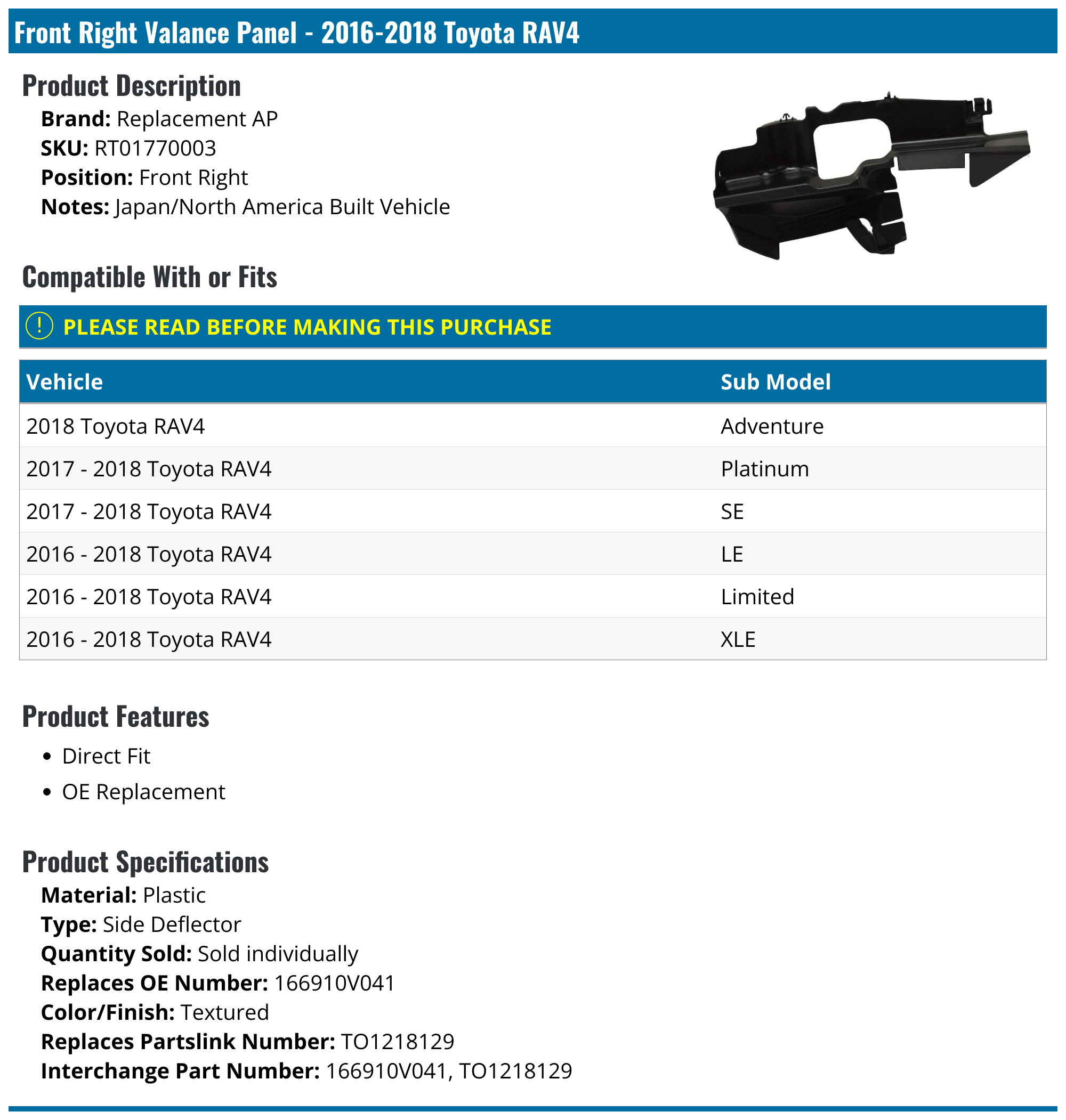 2016-2018 Toyota RAV4 Valance Panel - Replacement AP RT01770003 - Front ...