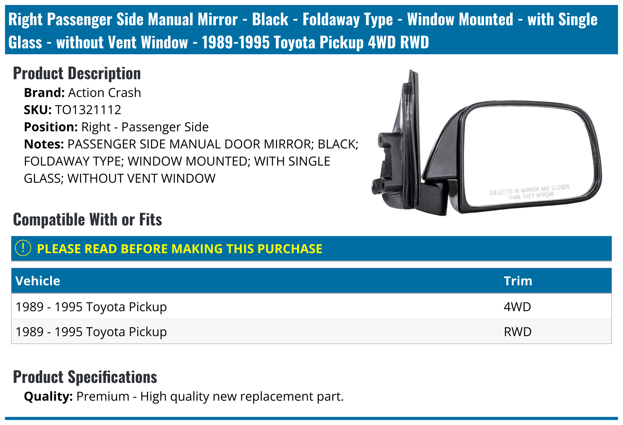 1989-1995 Toyota Pickup Mirror - Action Crash TO1321112 - Right ...