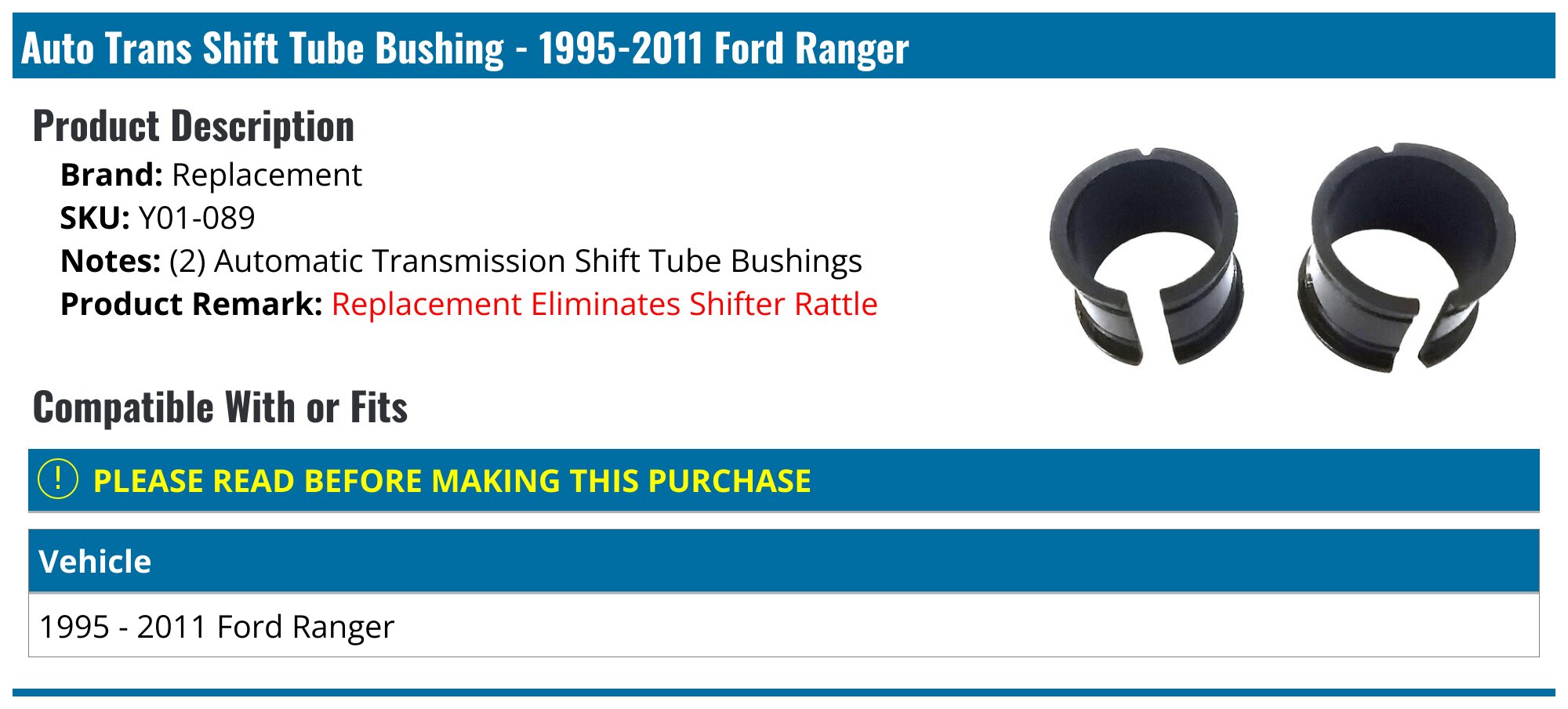 1995-2011 Ford Ranger Auto Trans Shift Tube Bushing - Replacement Y01 ...