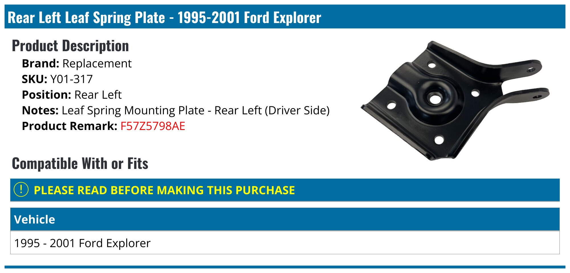 1995-2001 Ford Explorer Leaf Spring Plate - Replacement Y01-317 - Rear ...