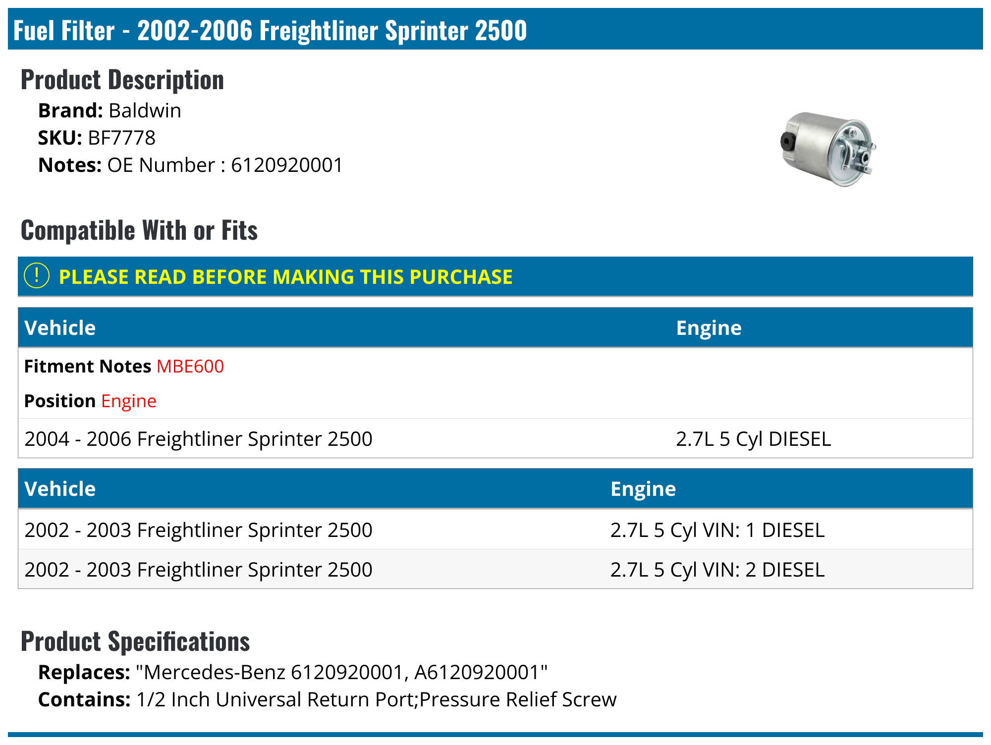 2002-2006 Freightliner Sprinter 2500 Fuel Filter - Baldwin BF7778 ...