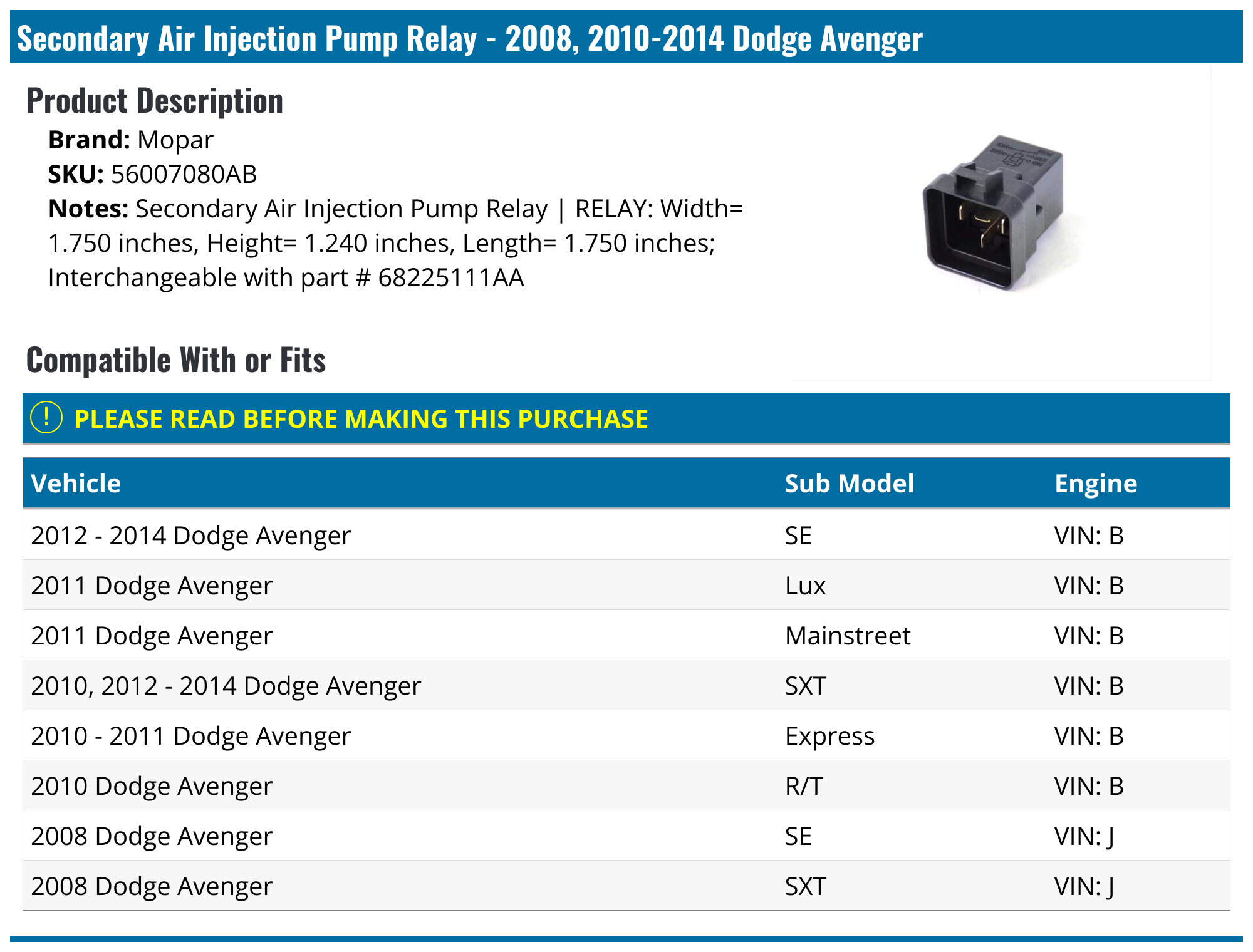 2008, 2010-2014 Dodge Avenger Secondary Air Injection Pump Relay ...
