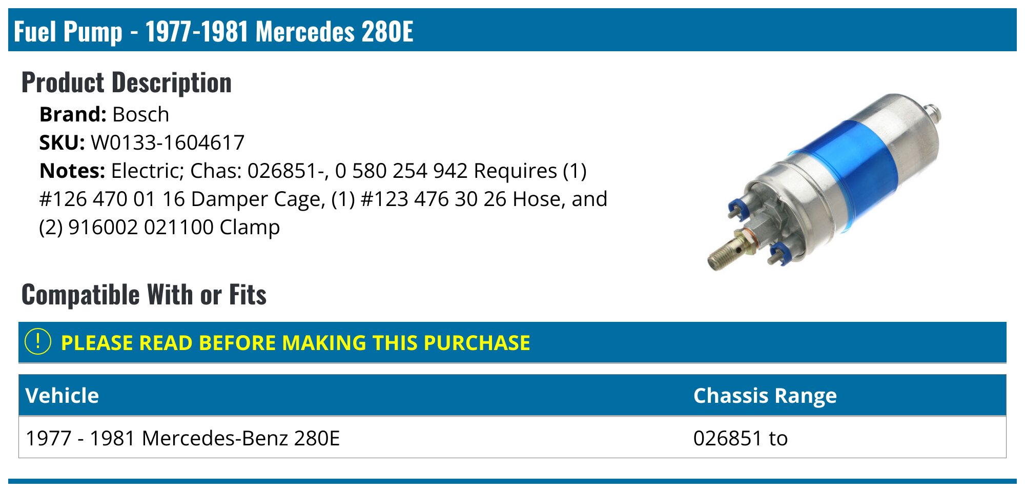 1977-1981 Mercedes 280E Fuel Pump - Bosch W0133-1604617 - PartsGeek.com