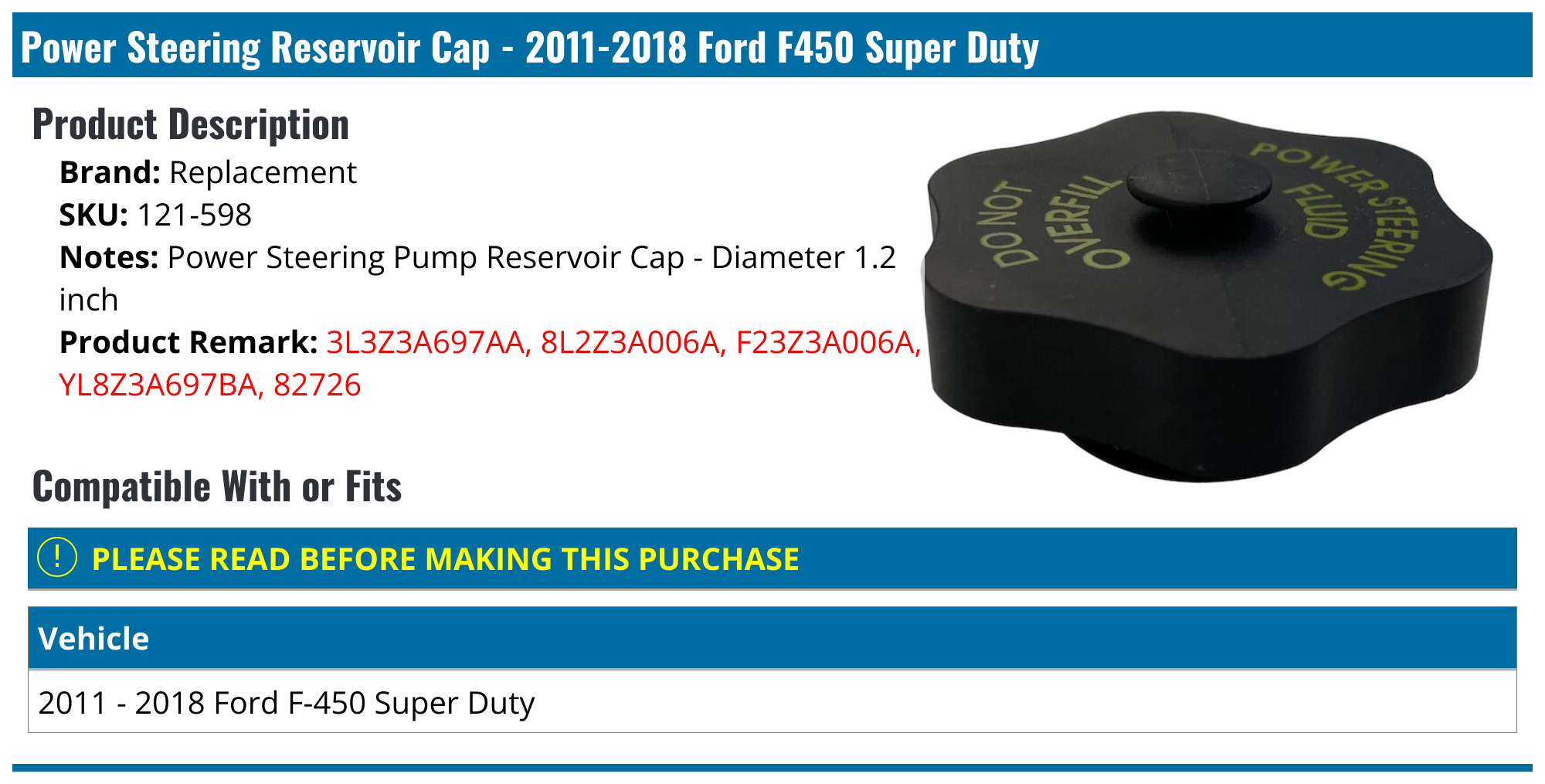 2011-2018 Ford F450 Super Duty Power Steering Reservoir Cap ...