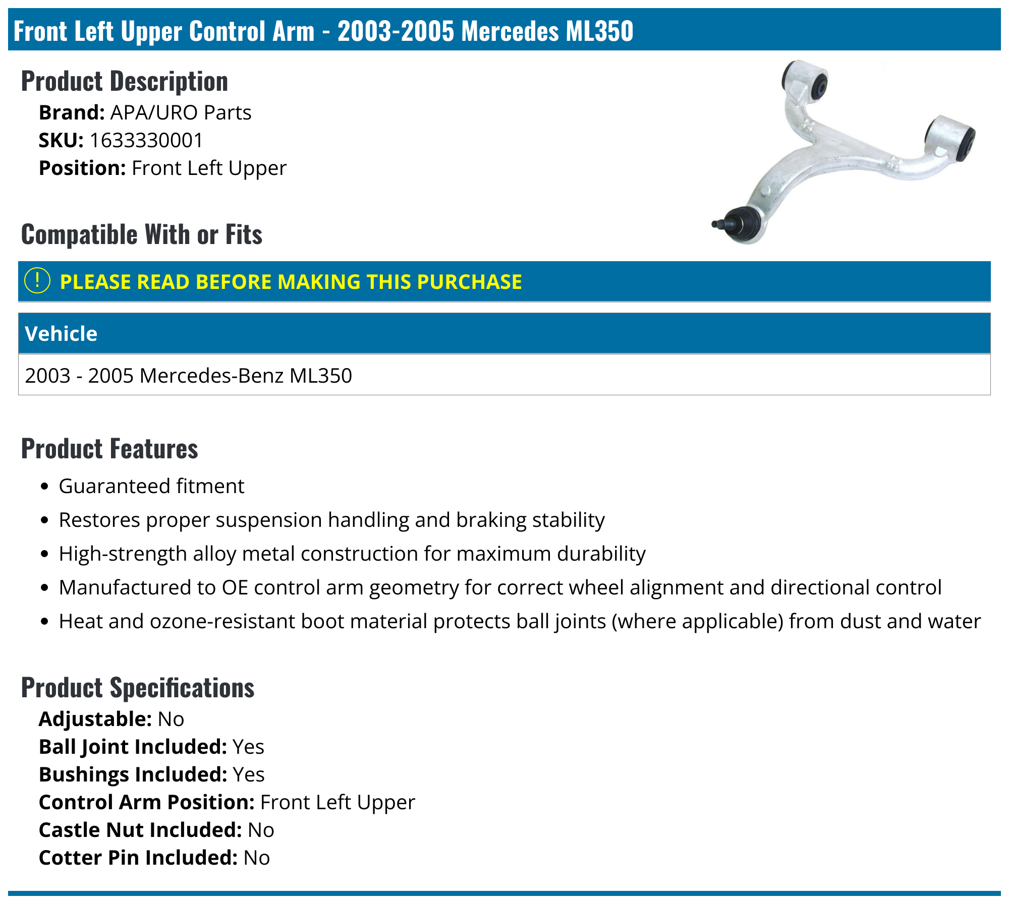 2003-2005 Mercedes ML350 Control Arm - APA/URO Parts 1633330001 - Front ...