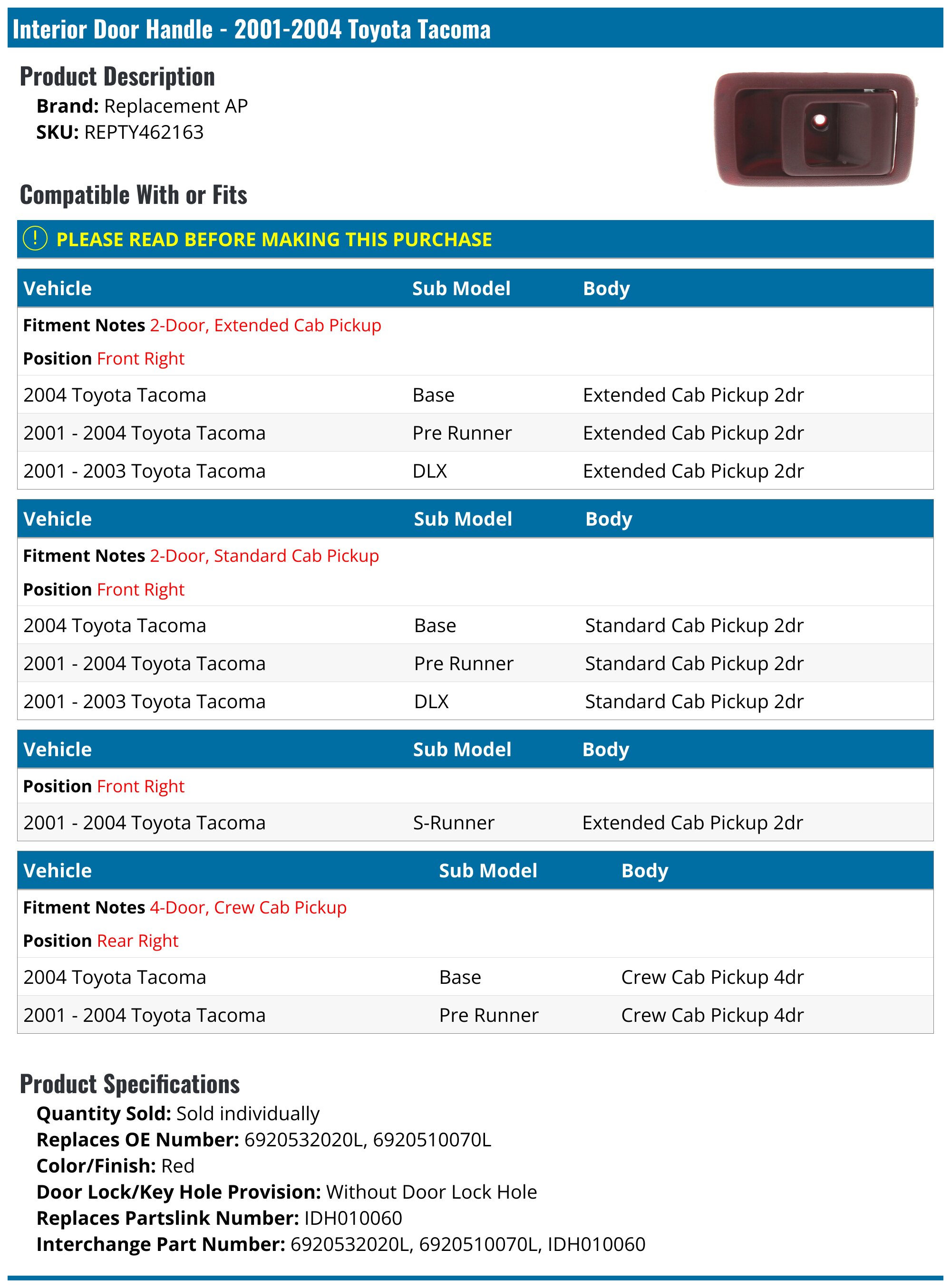 2001-2004 Toyota Tacoma Door Handle - Replacement AP REPTY462163 ...