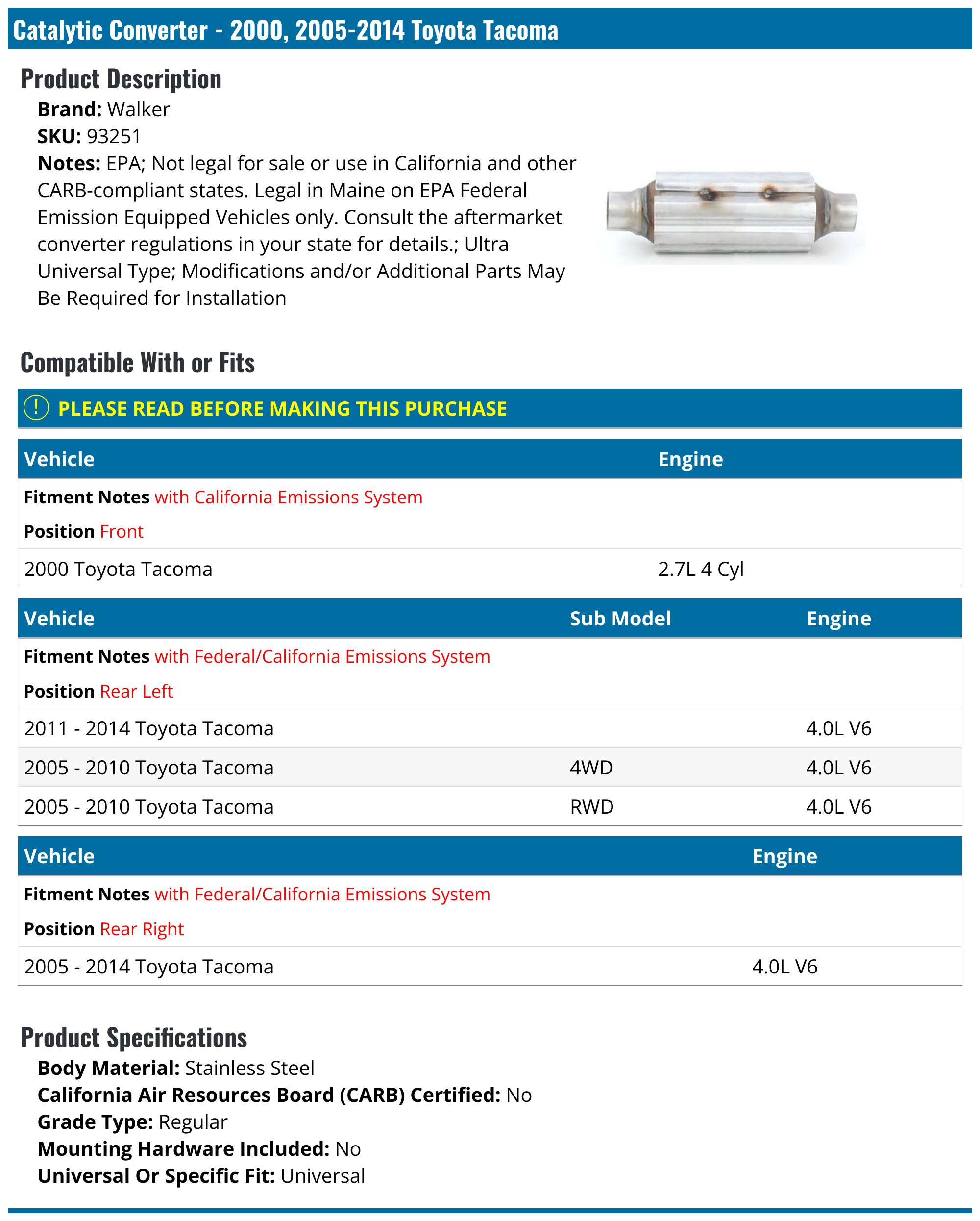 2000, 2005-2014 Toyota Tacoma Catalytic Converter - Walker 93251 ...