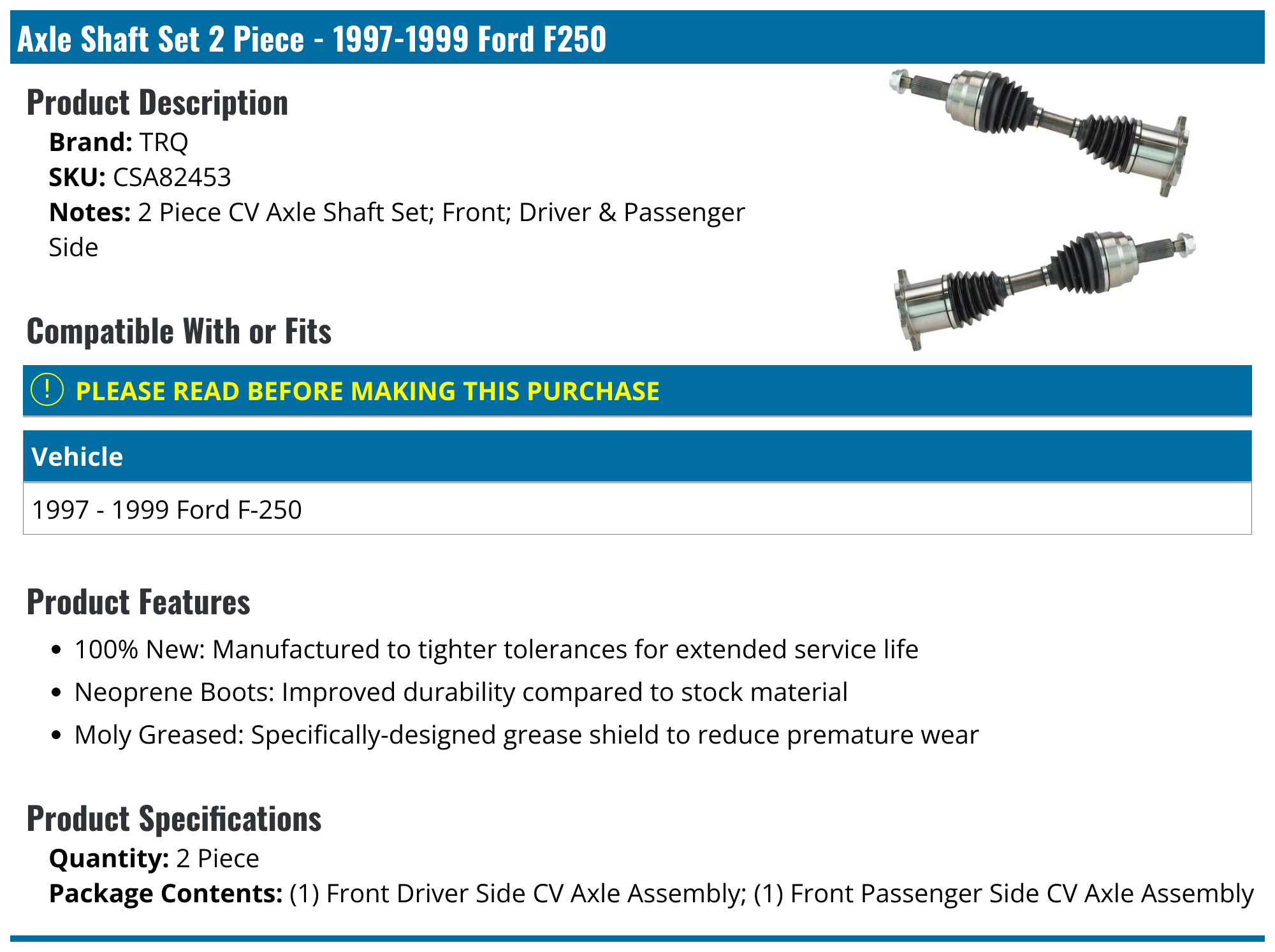 1997-1999 Ford F250 Axle Assembly - TRQ CSA82453 - Front - PartsGeek.com
