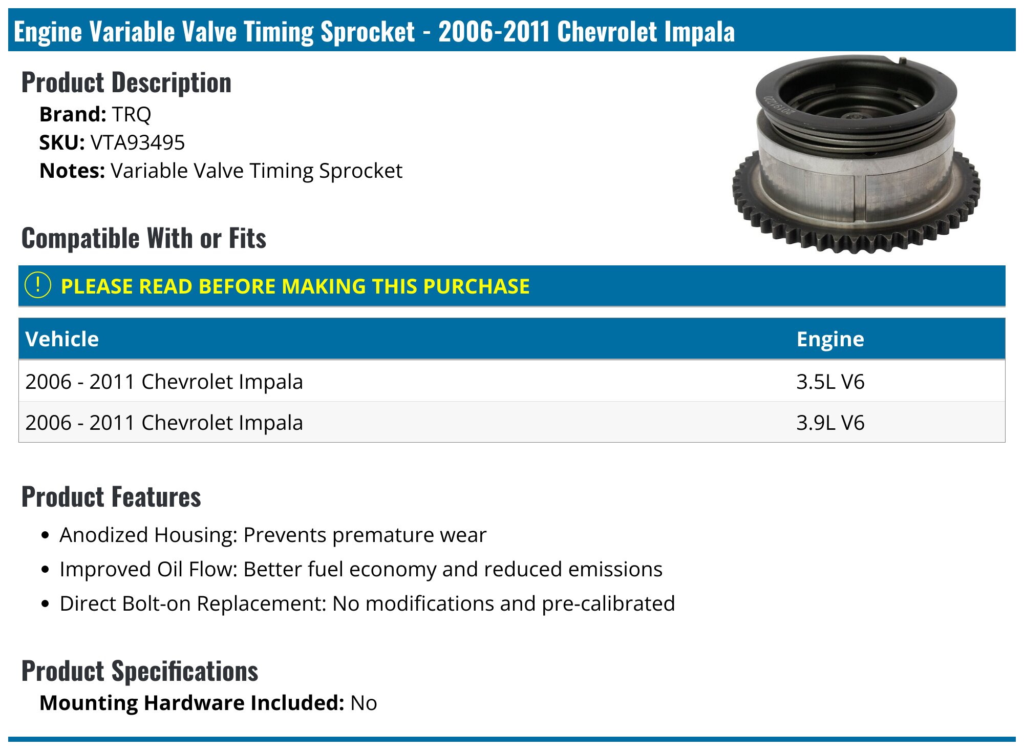 2006-2011 Chevrolet Impala Engine Variable Valve Timing Sprocket - TRQ ...