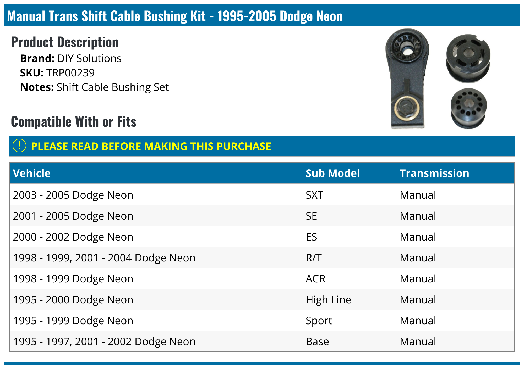 1995-2005 Dodge Neon Manual Trans Shift Cable Bushing Kit - DIY ...