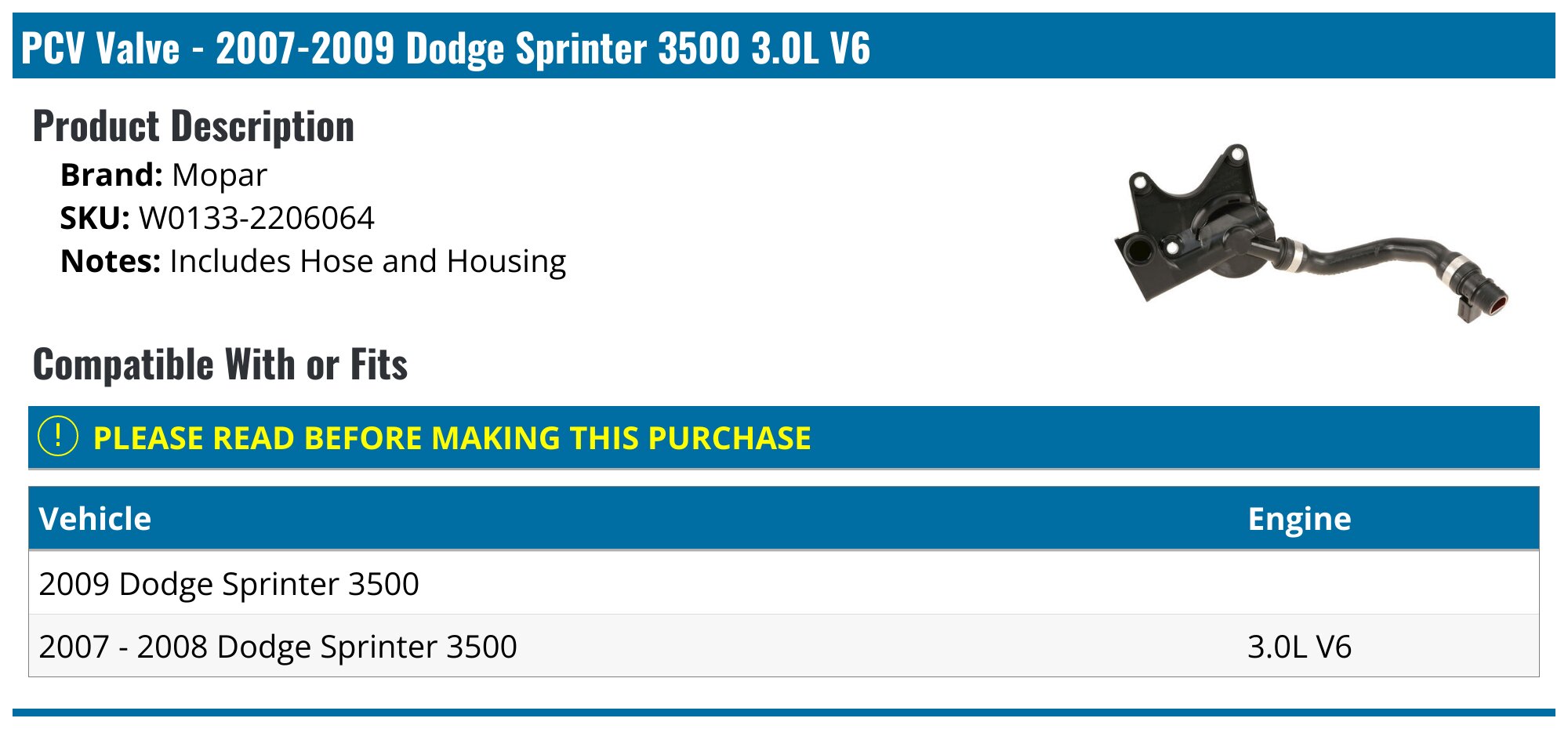 2007-2009 Dodge Sprinter 3500 PCV Valve - Mopar W0133-2206064 ...