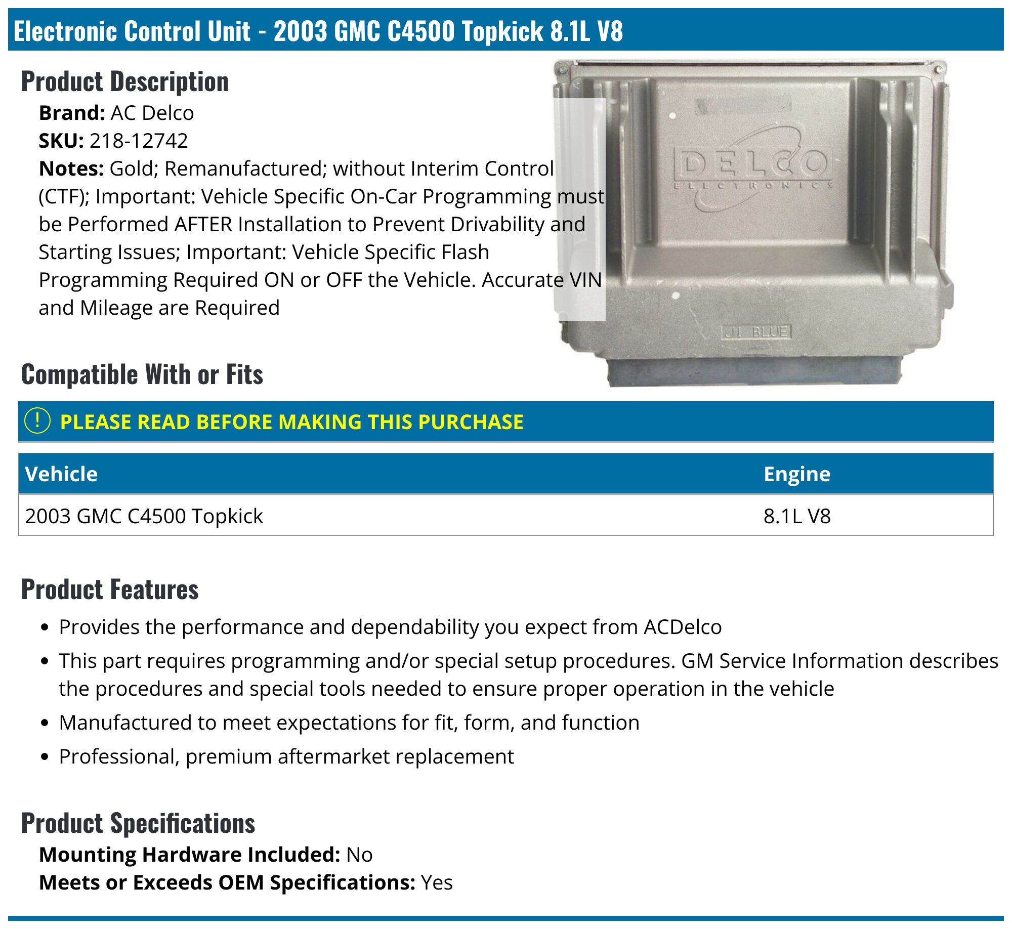 2003 GMC C4500 Topkick Electronic Control Unit - AC Delco 218-12742 ...