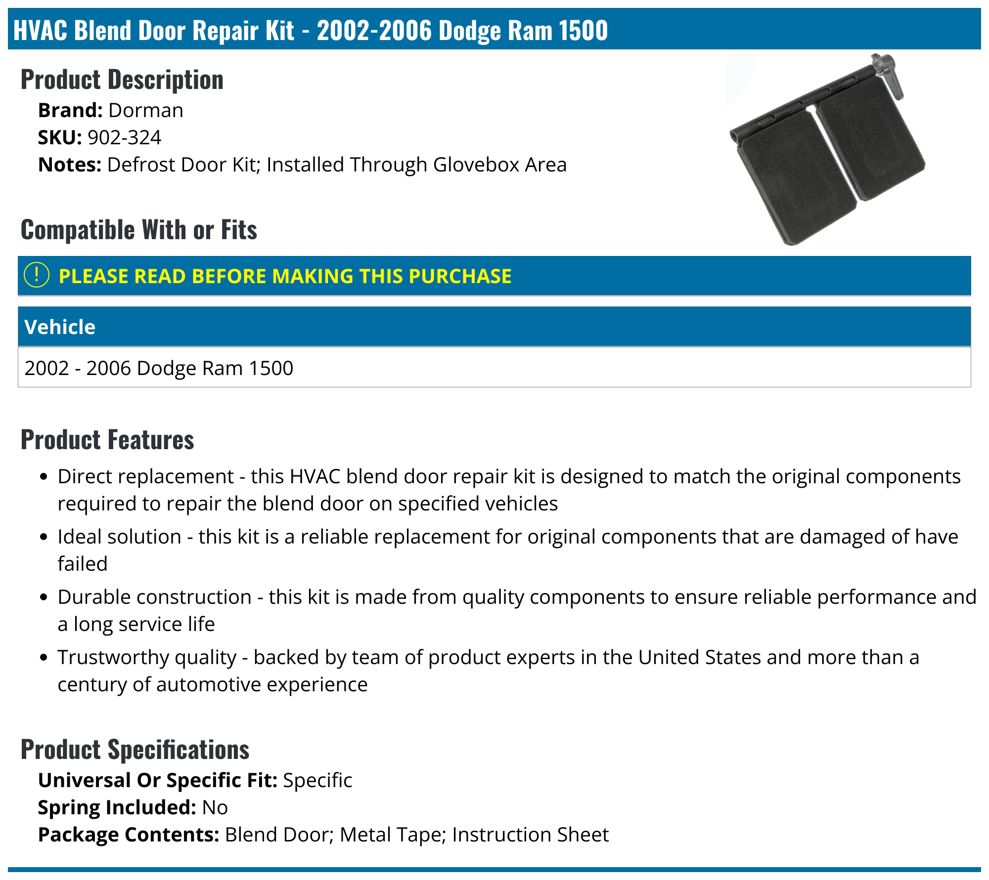 2002-2009 Dodge Ram 1500 HVAC Blend Door Repair Kit - Dorman 902-324 ...