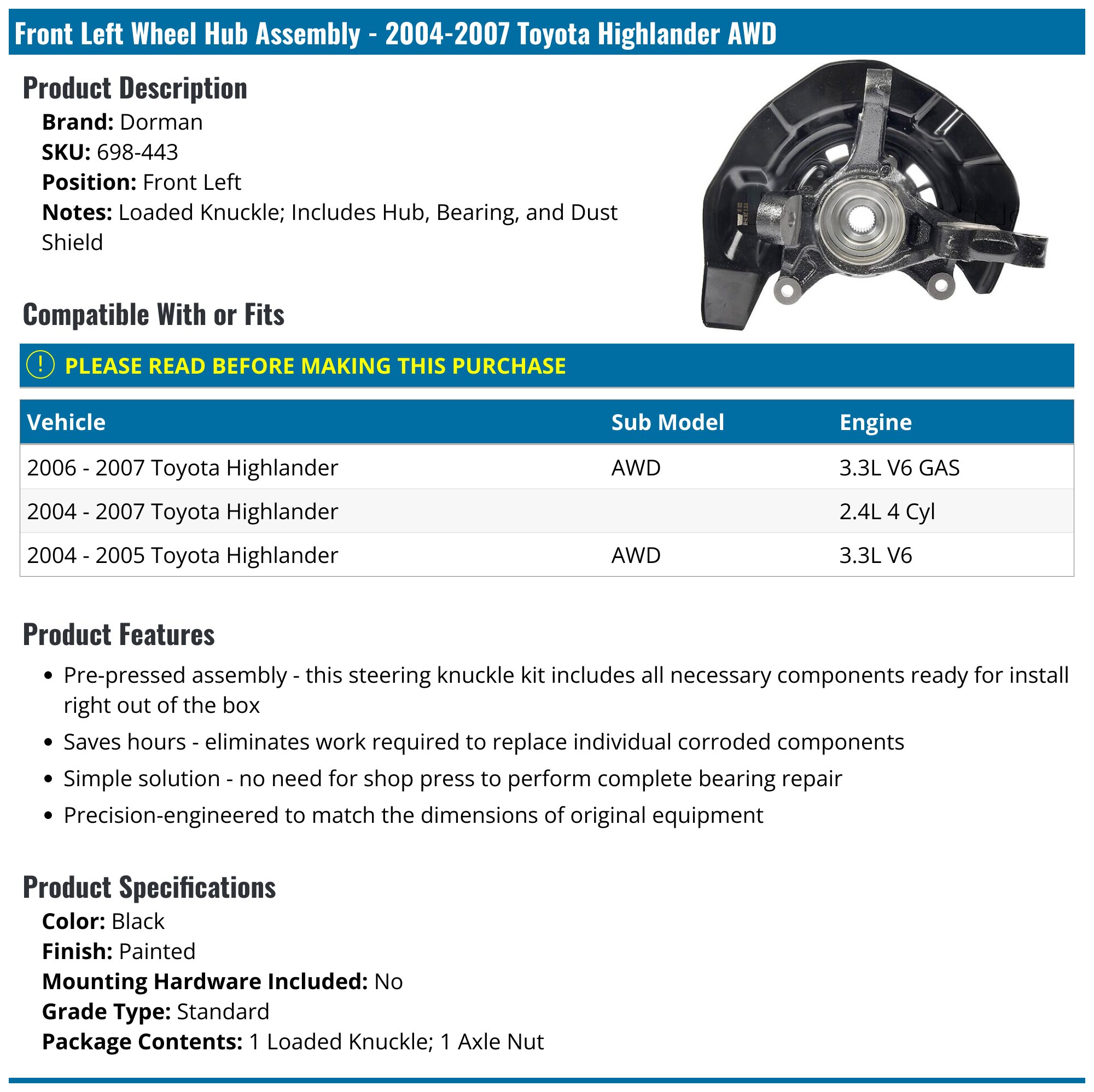 2004-2007 Toyota Highlander Wheel Hub Assembly - Dorman 698-443 - Front ...