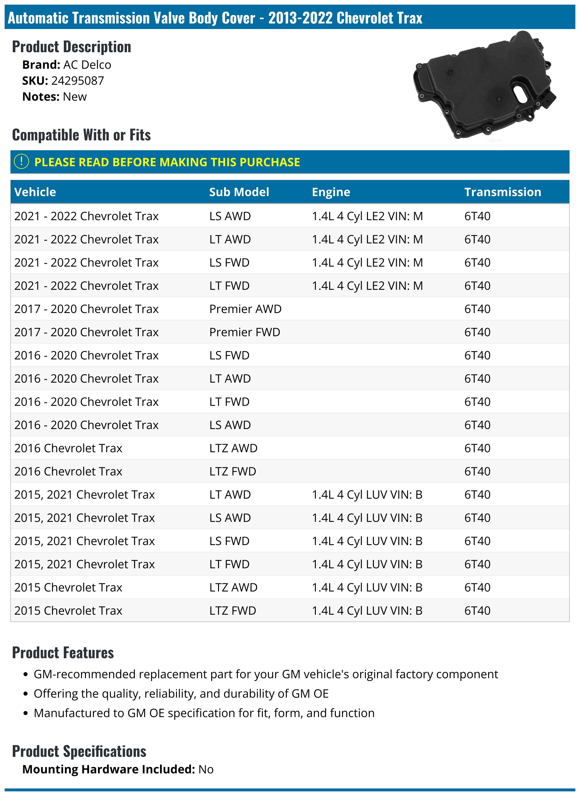 2013-2022, 2024-2025 Chevrolet Trax Automatic Transmission Valve Body ...