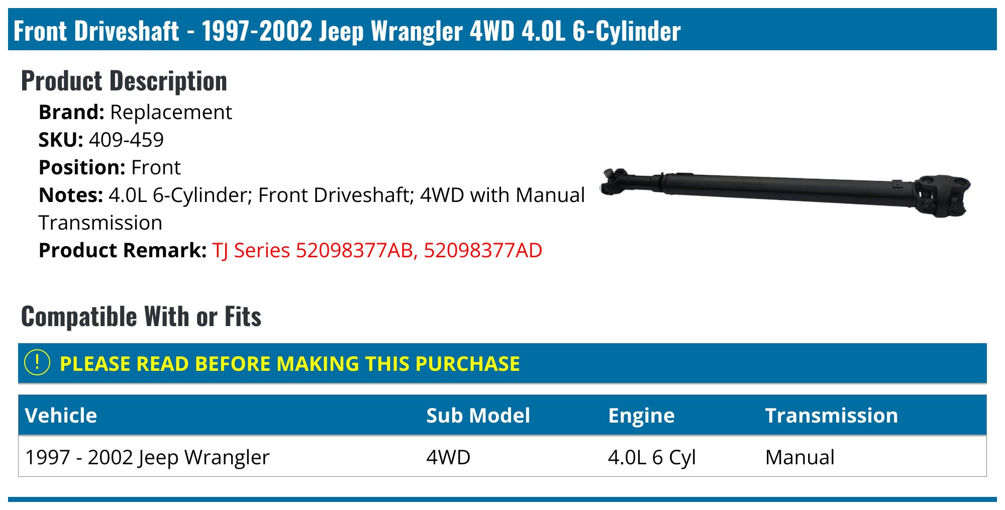 1997-2002 Jeep Wrangler Drive Shaft - Replacement 409-459 - Front ...