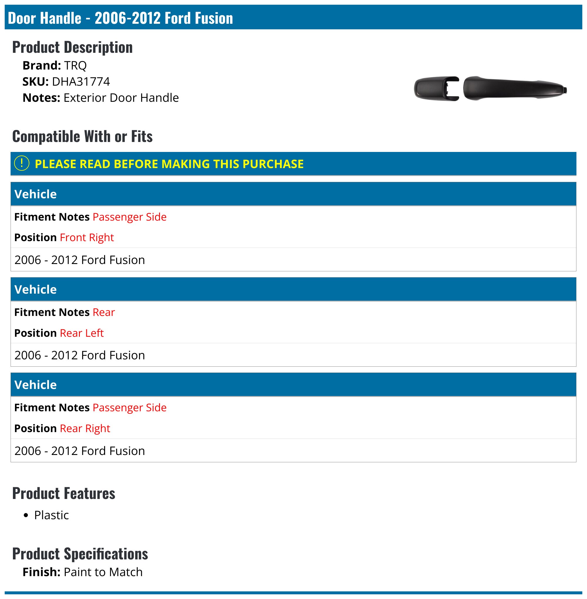 2006-2012 Ford Fusion Door Handle - TRQ DHA31774 - Rear Left ...