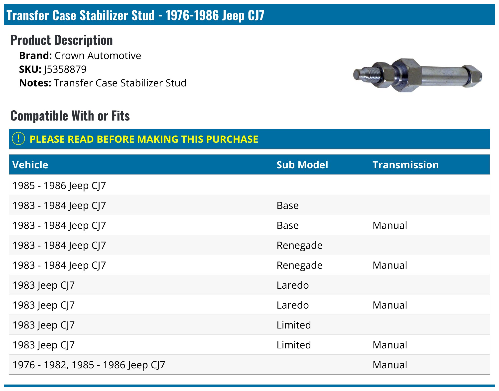 1976-1986 Jeep CJ7 Transfer Case Stabilizer Stud - Crown Automotive ...