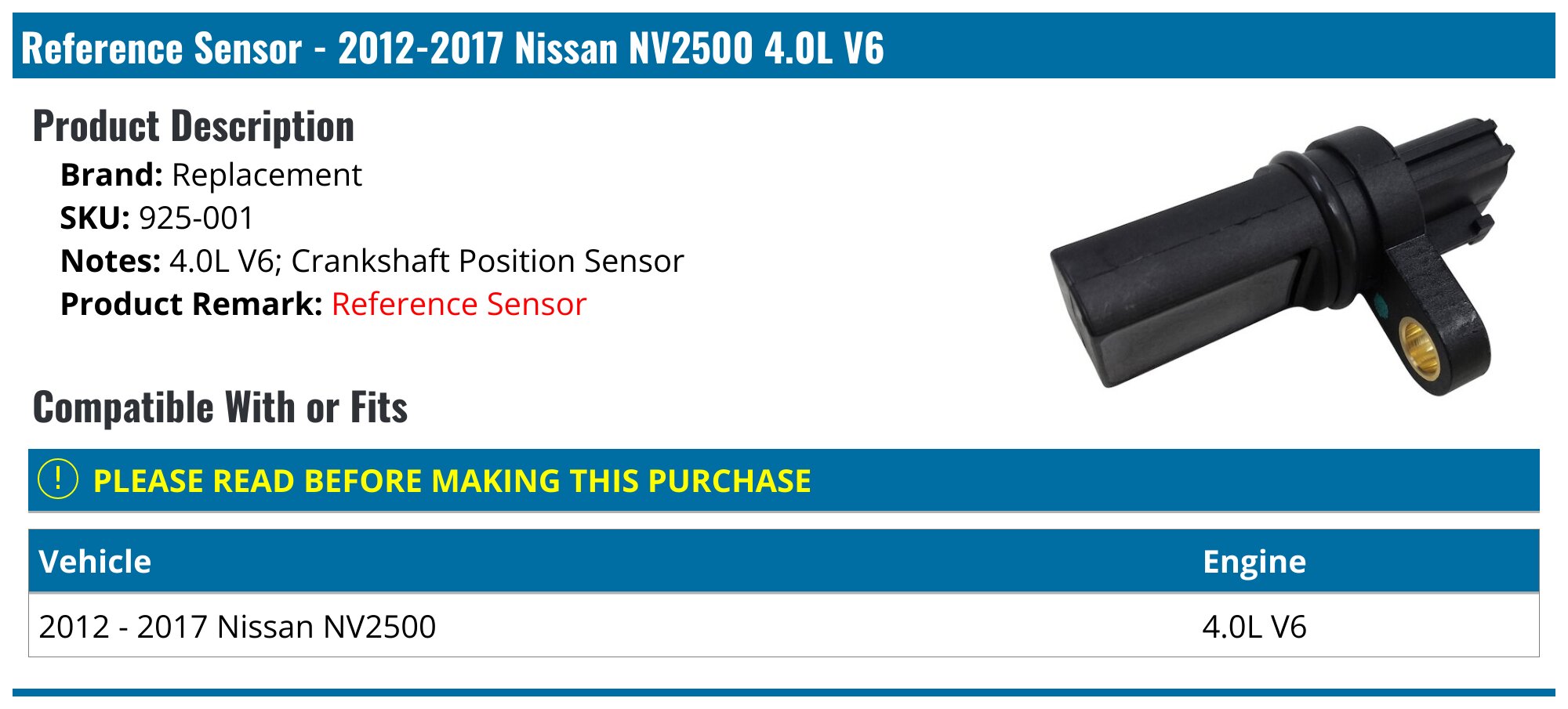 2012-2017 Nissan NV2500 Crank Position Sensor - Replacement 925-001 ...