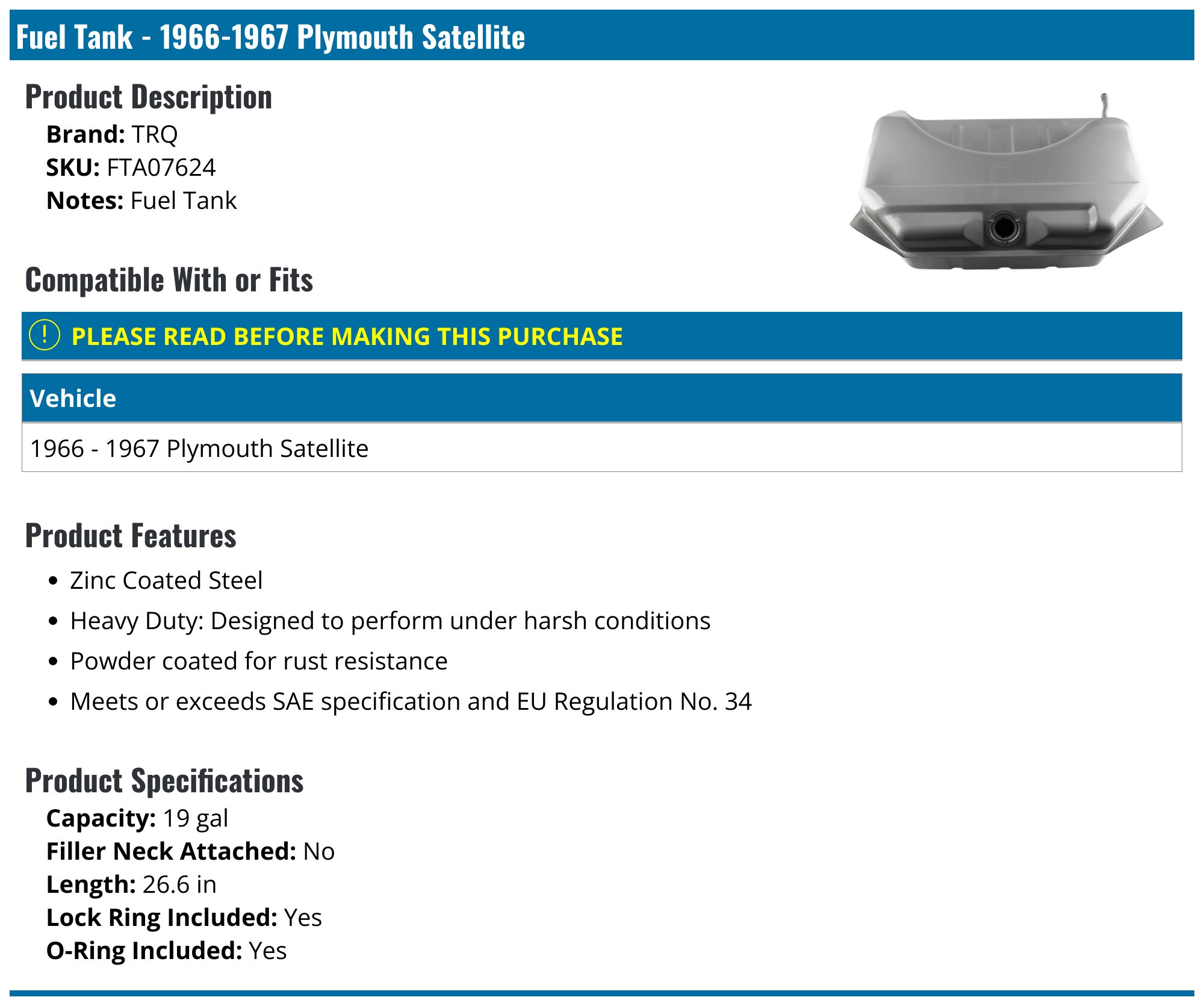 1966-1967 Plymouth Satellite Fuel Tank - TRQ FTA07624 - PartsGeek.com
