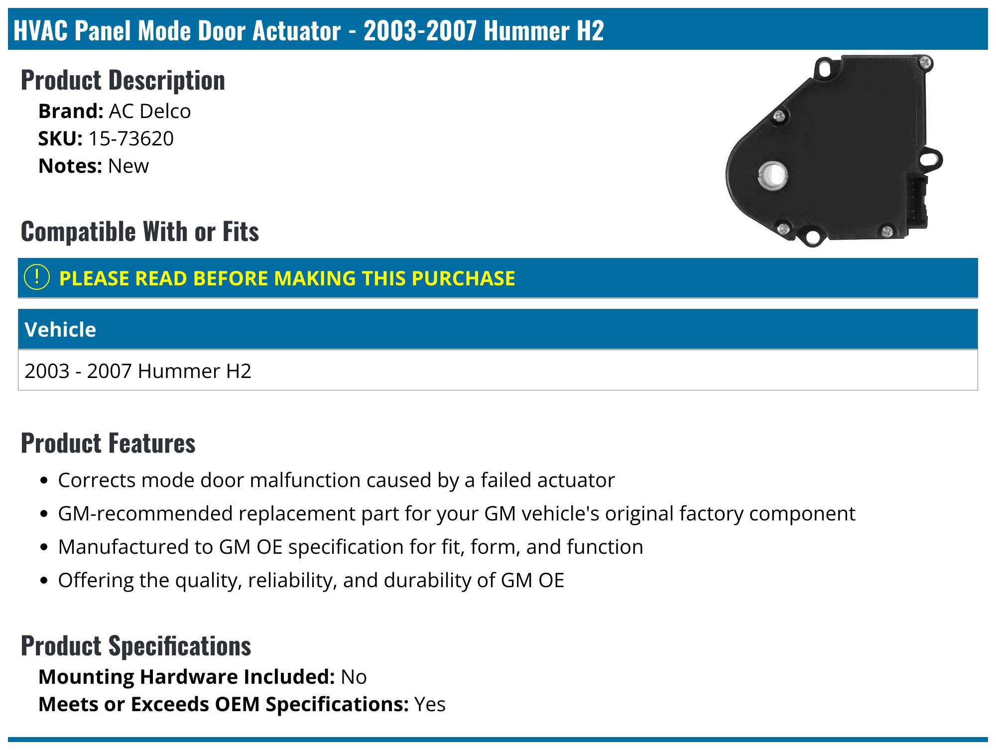 2003-2007 Hummer H2 Air Flap Actuator - AC Delco 15-73620 - PartsGeek.com