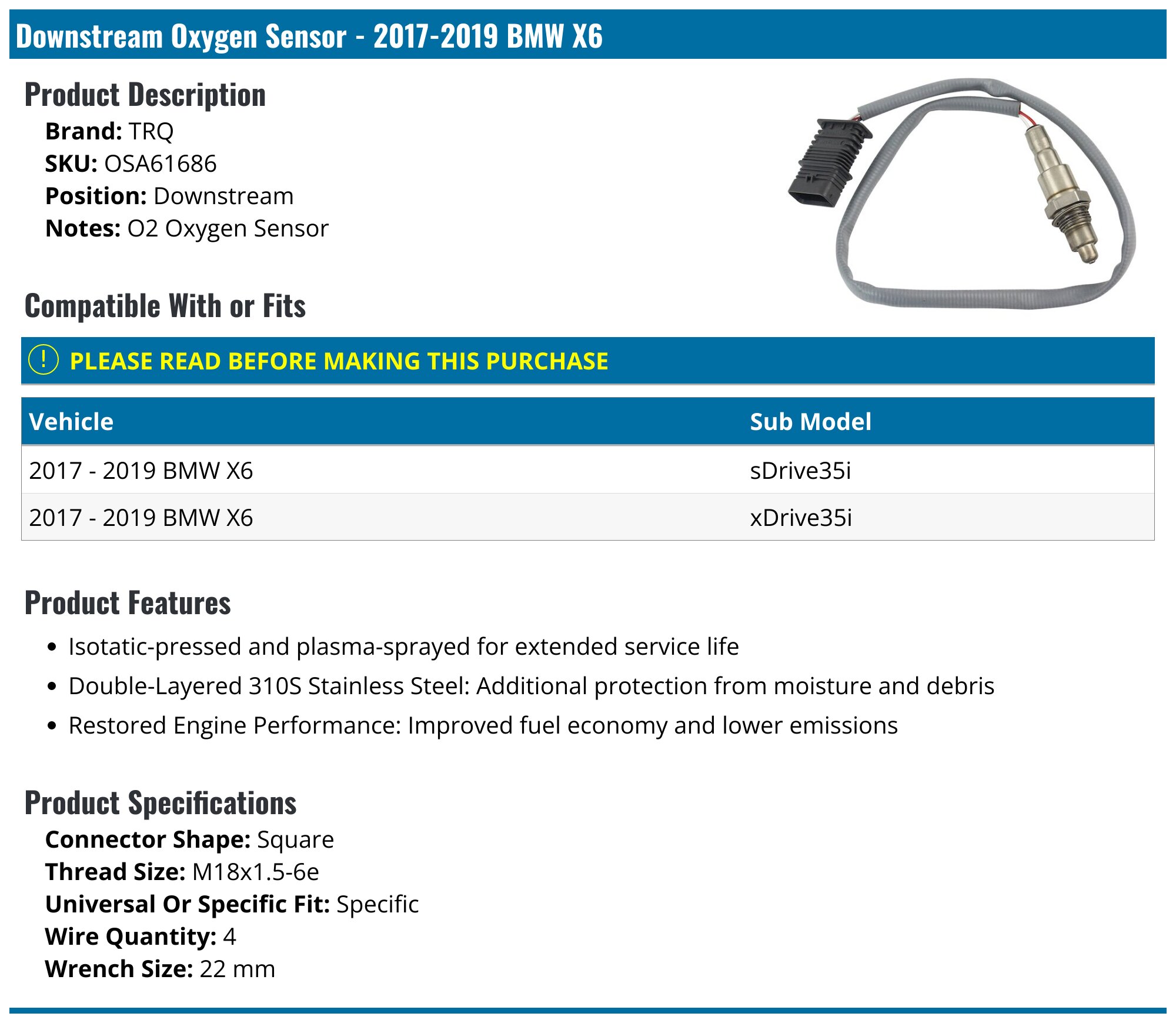 2017-2019 BMW X6 Oxygen Sensor - TRQ OSA61686 - Downstream - PartsGeek.com