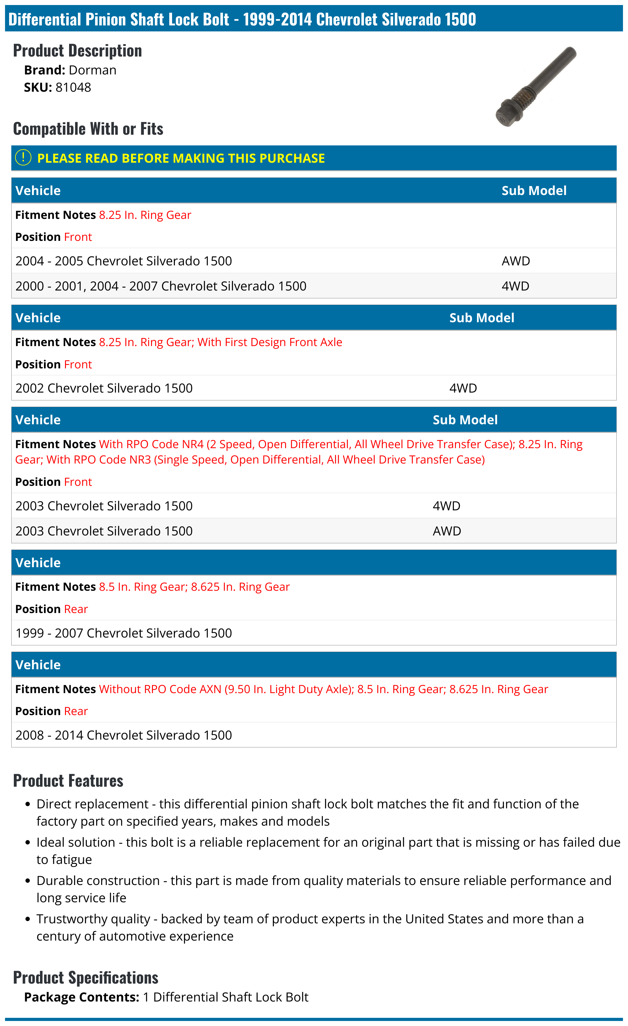 1999-2014 Chevrolet Silverado 1500 Differential Pinion Shaft Lock Bolt ...
