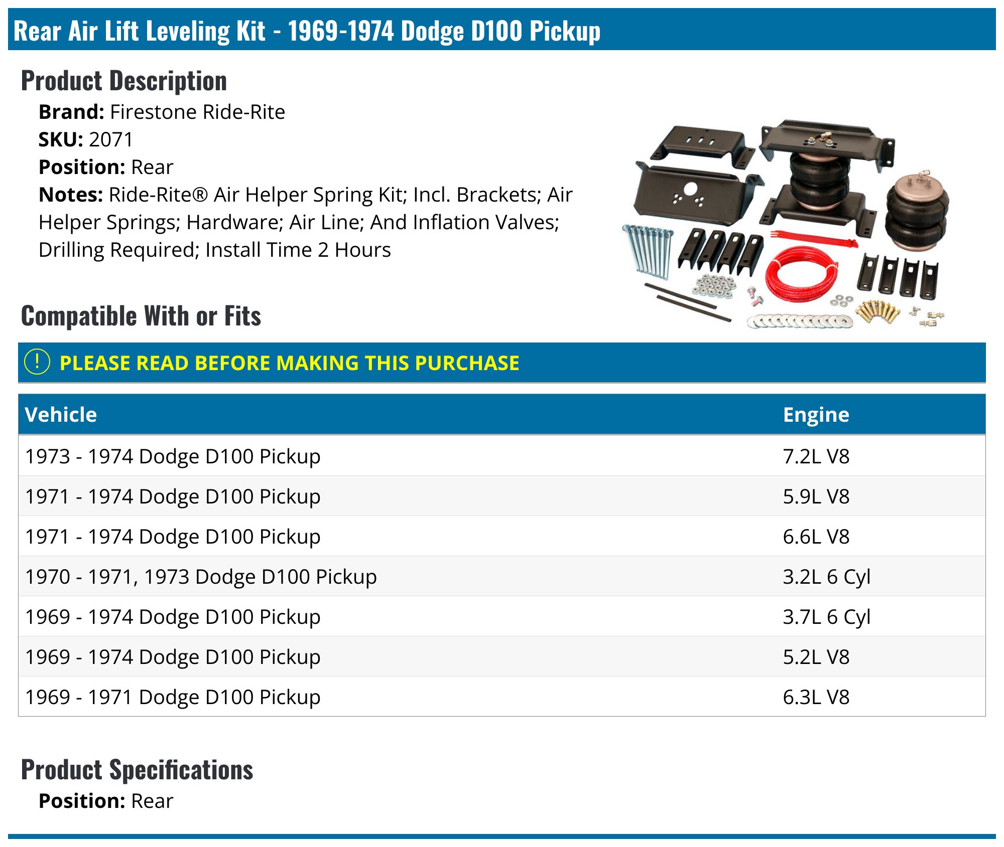 1969-1974 Dodge D100 Pickup Air Lift Leveling Kit - Firestone Ride-Rite ...