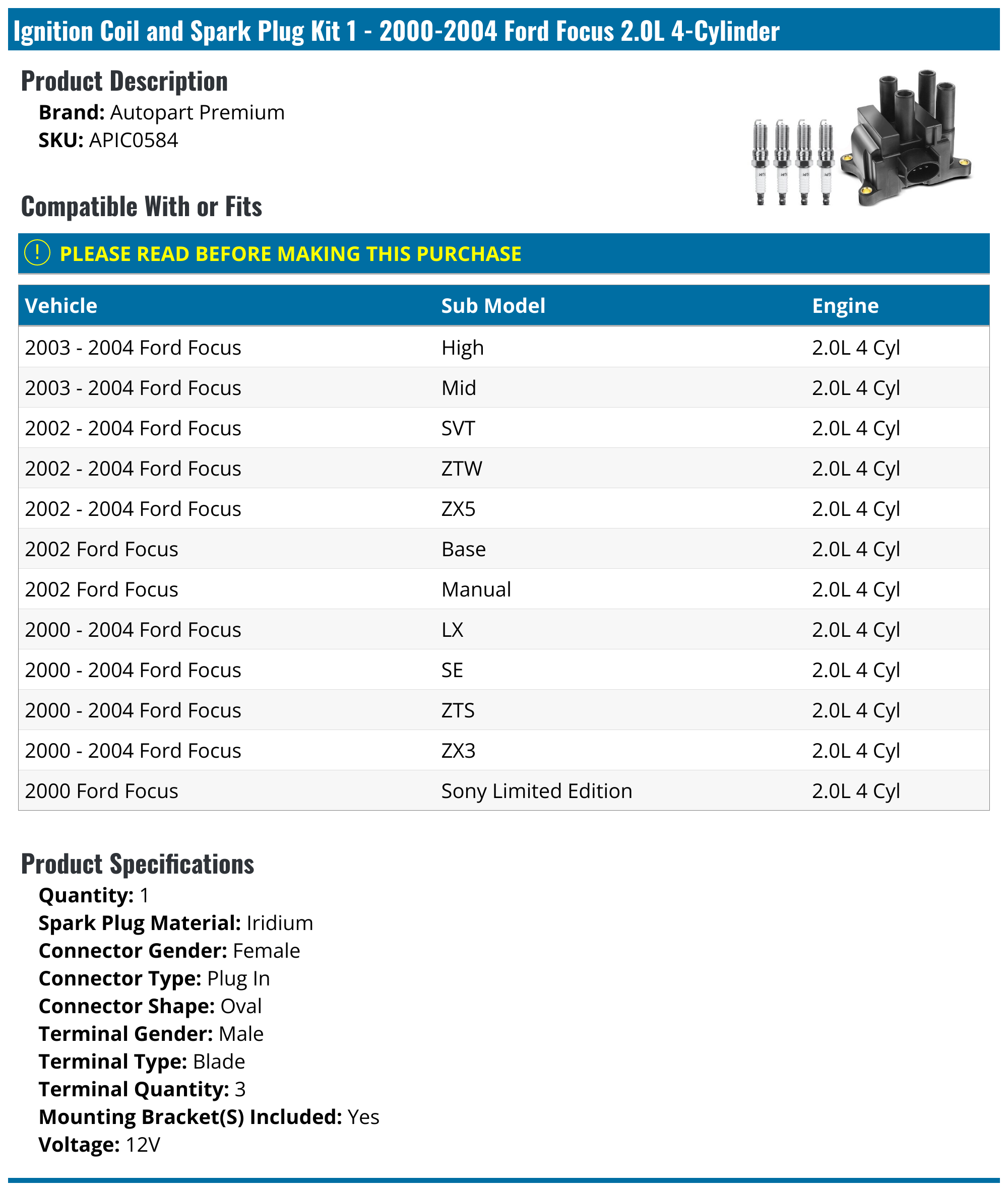 2000-2004 Ford Focus Ignition Coil - Autopart Premium APIC0584 ...