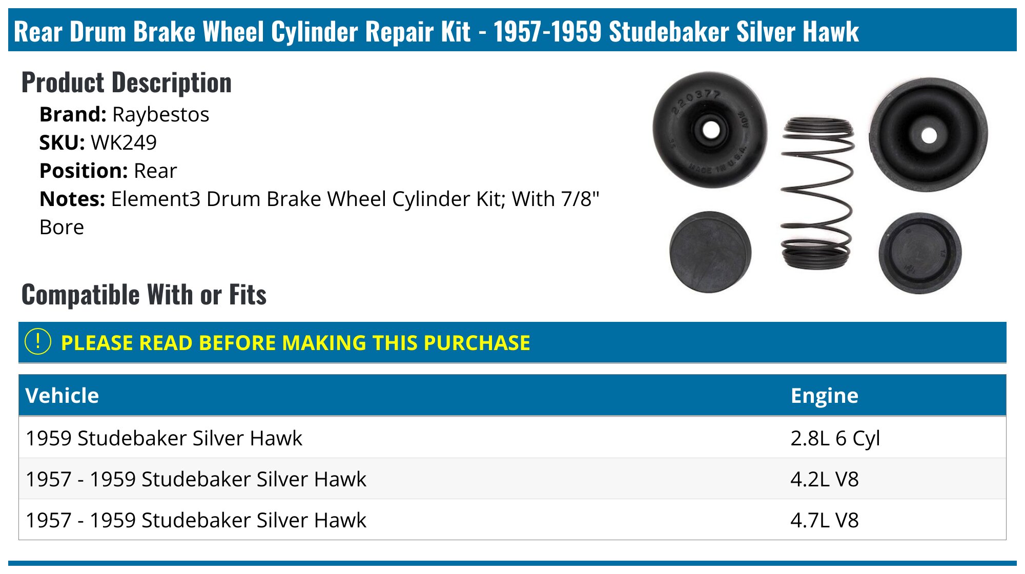 1957-1959 Studebaker Silver Hawk Drum Brake Wheel Cylinder Repair Kit ...