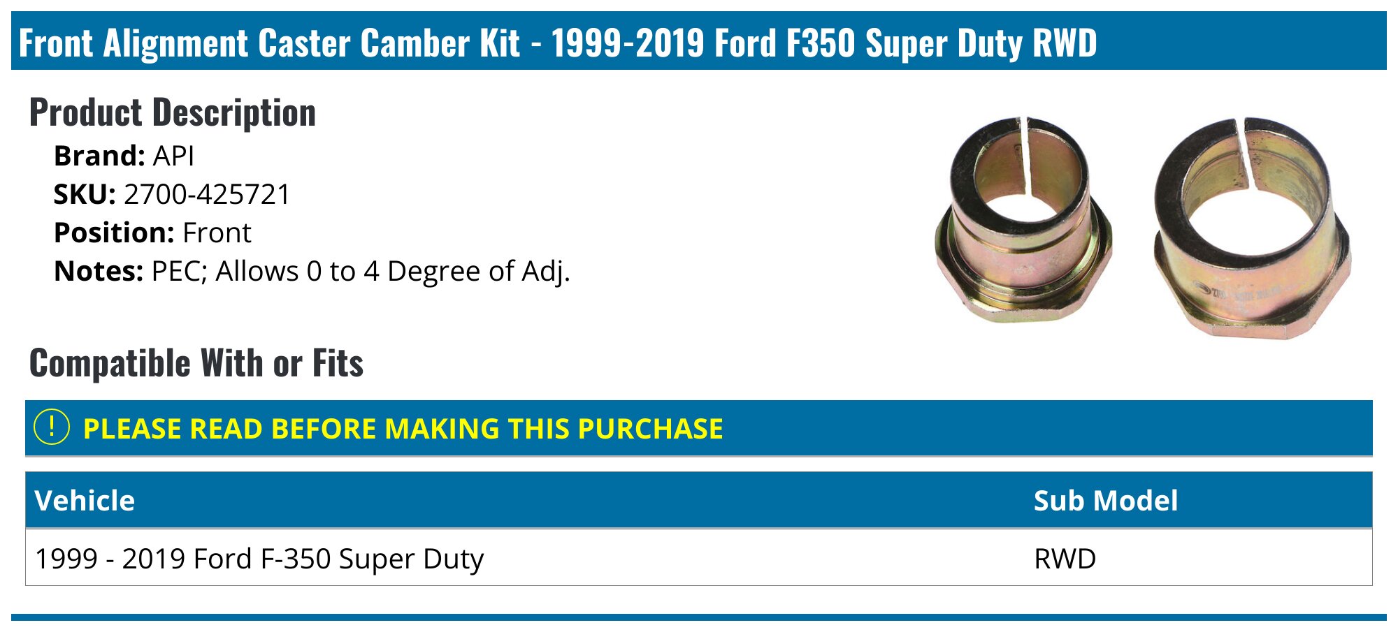 1999-2019 Ford F350 Super Duty Alignment Caster Camber Kit - API 5365 ...