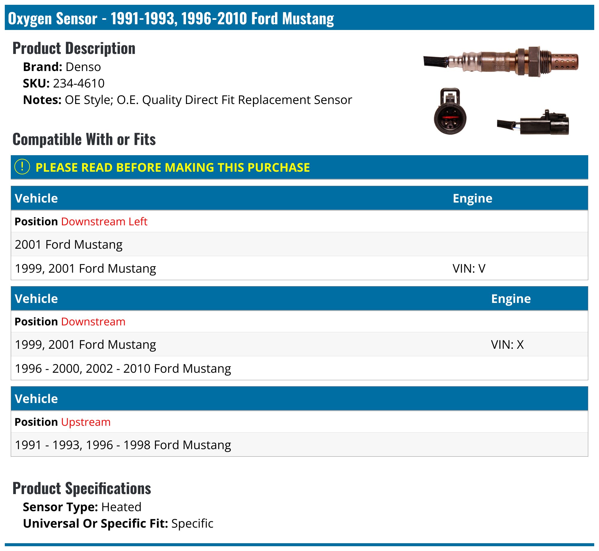 1991-1993, 1996-2010 Ford Mustang Oxygen Sensor - Denso 234-4610 ...
