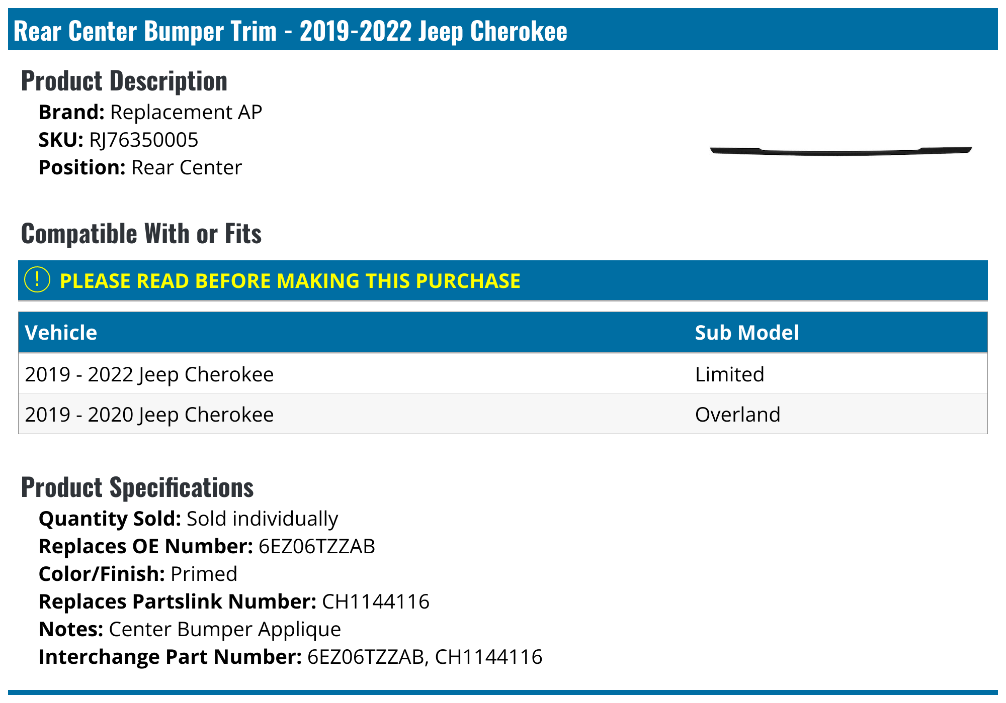 2019-2022 Jeep Cherokee Bumper Trim - Replacement AP RJ76350005 - Rear ...