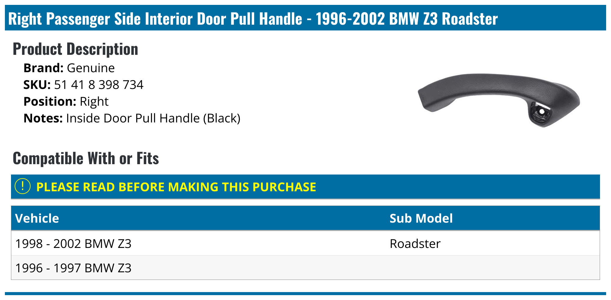 1996-2002 BMW Z3 Interior Door Pull Handle - Genuine 51 41 8 398 734 ...
