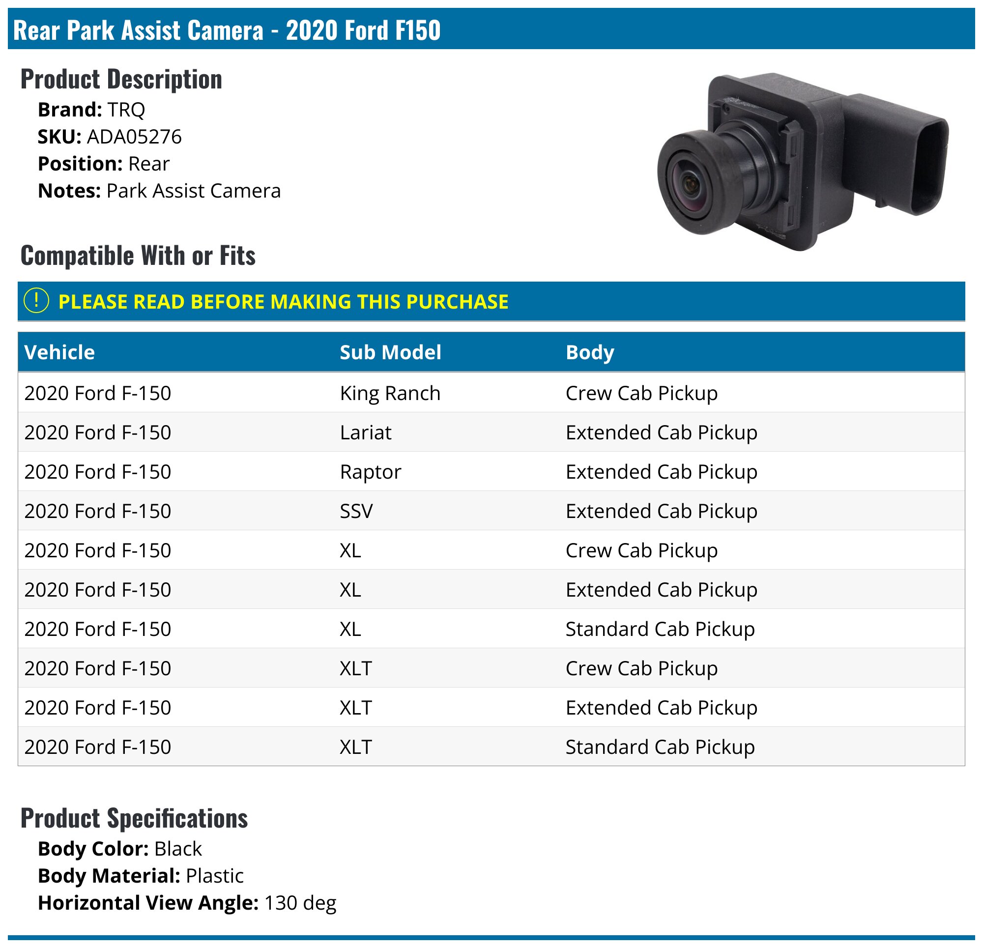 2018-2020 Ford F150 Backup Camera - TRQ ADA05276 - Rear - PartsGeek.com