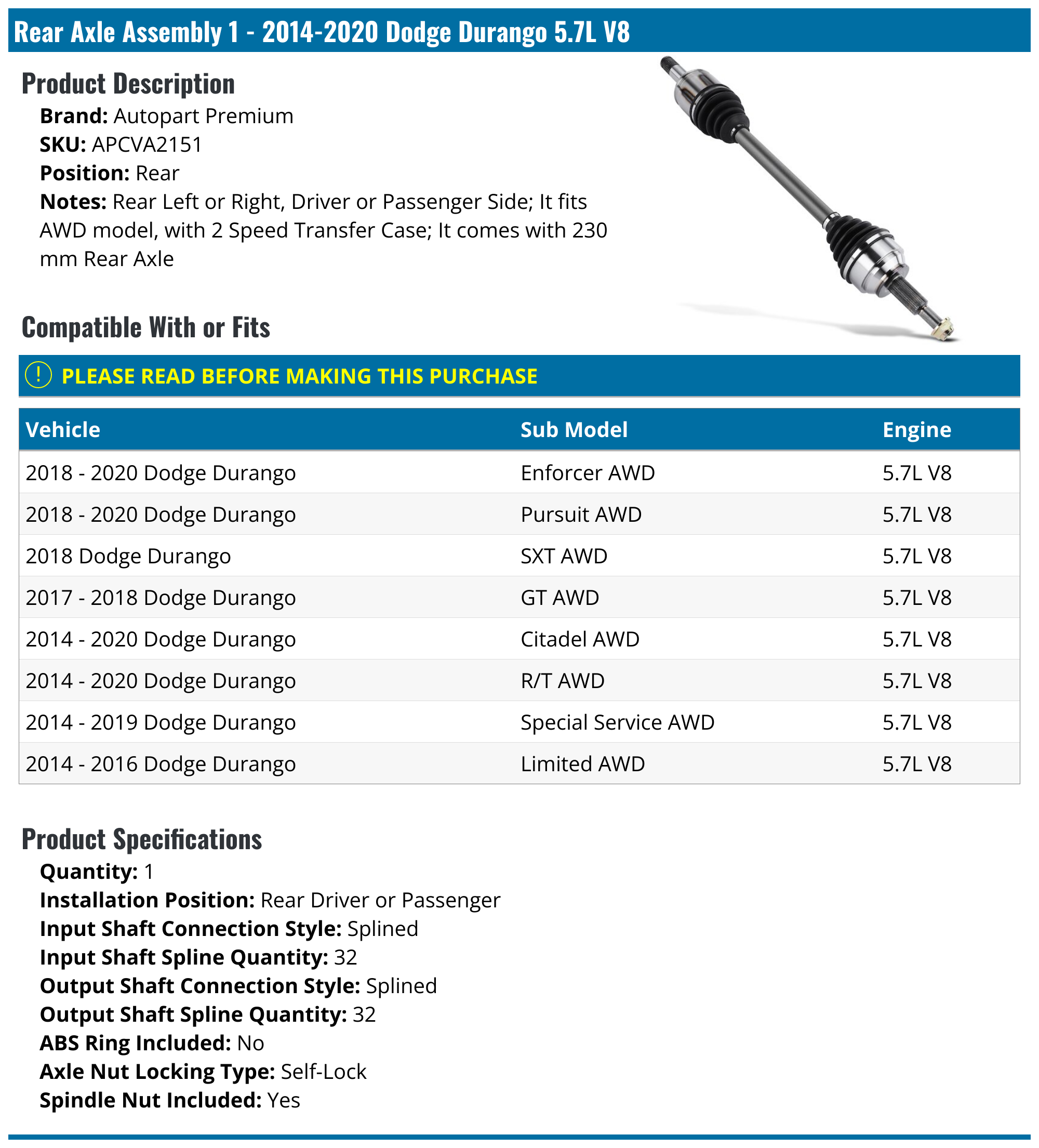 2014-2020 Dodge Durango Axle Assembly - Autopart Premium APCVA2151 ...