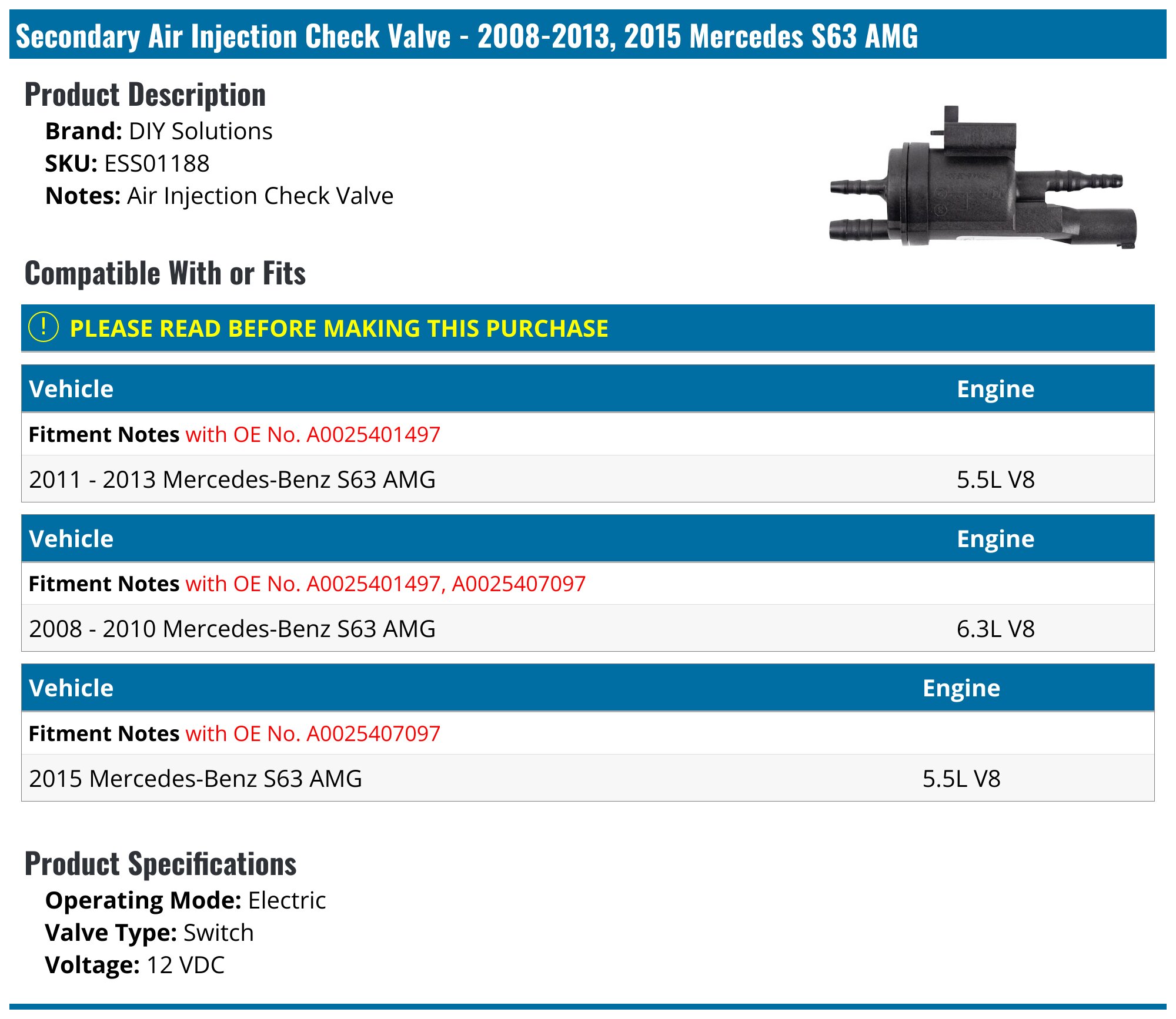 2008-2013, 2015 Mercedes S63 AMG Air Pump Check Valve - DIY Solutions ...