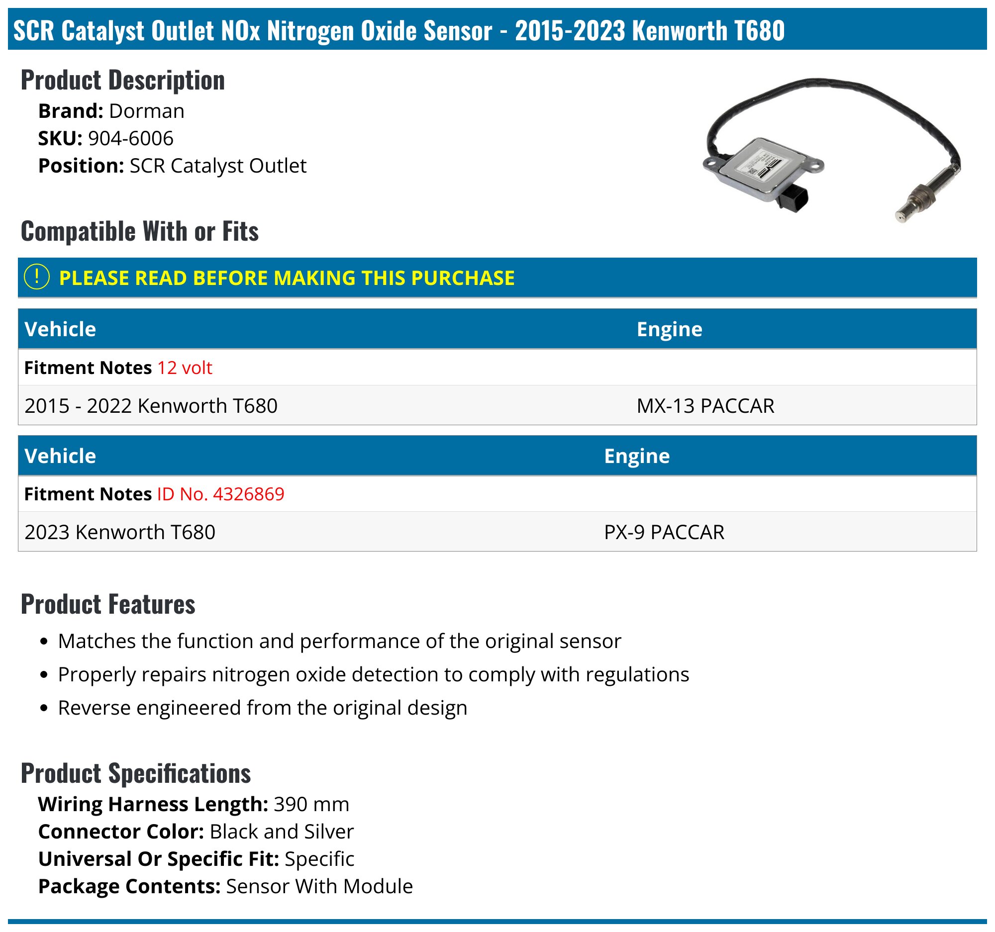2015-2025 Kenworth T680 NOx (Nitrogen Oxide) Sensor - Dorman 904-6006 ...