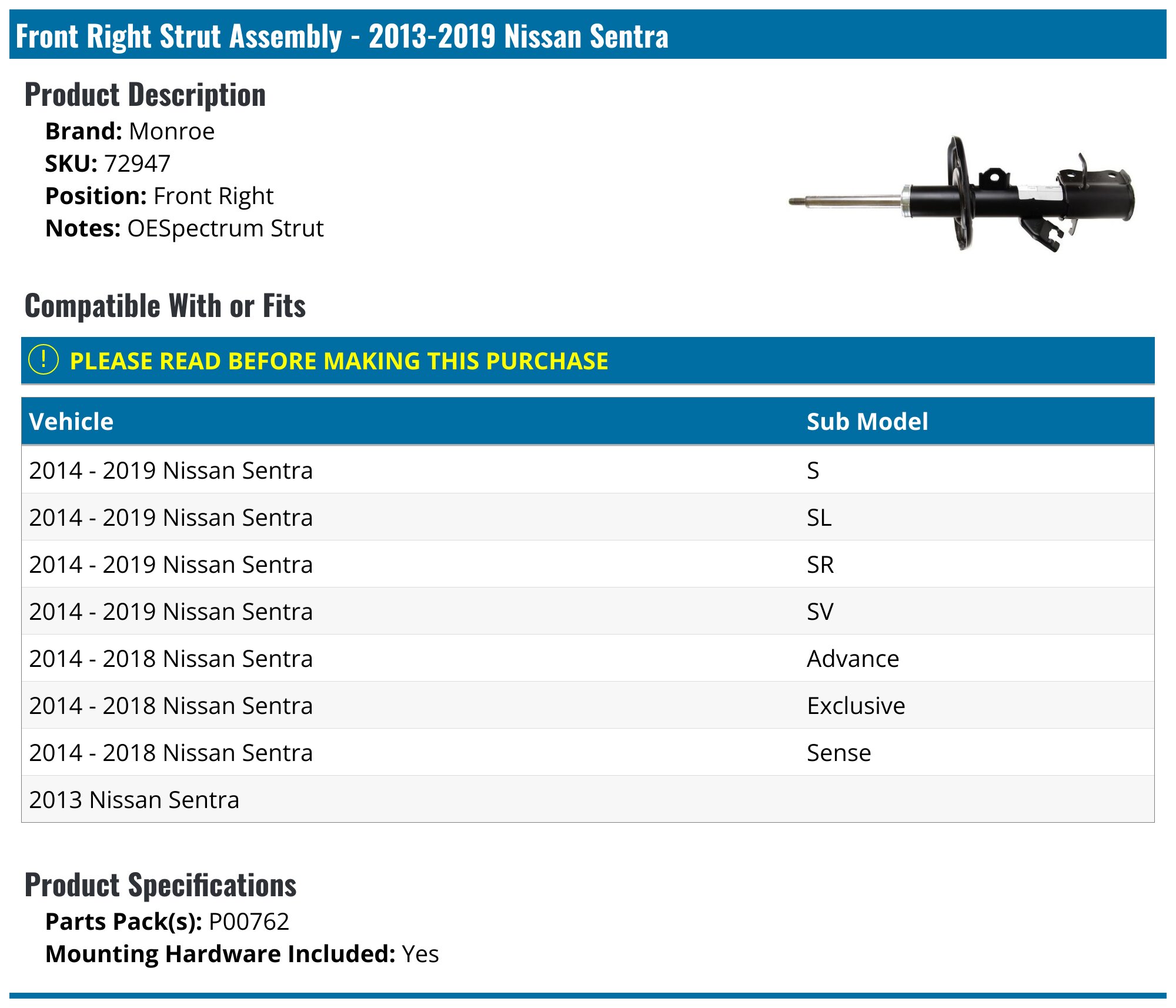 2013-2019 Nissan Sentra Strut Assembly - Monroe 72947 - Front Right ...