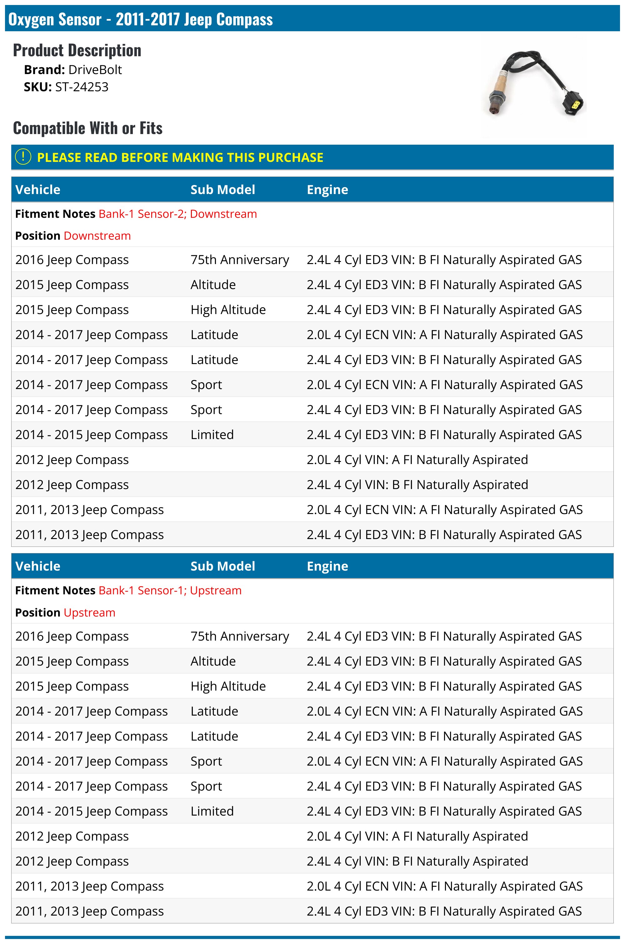 2011-2017 Jeep Compass Oxygen Sensor - DriveBolt ST-24253 - Upstream ...