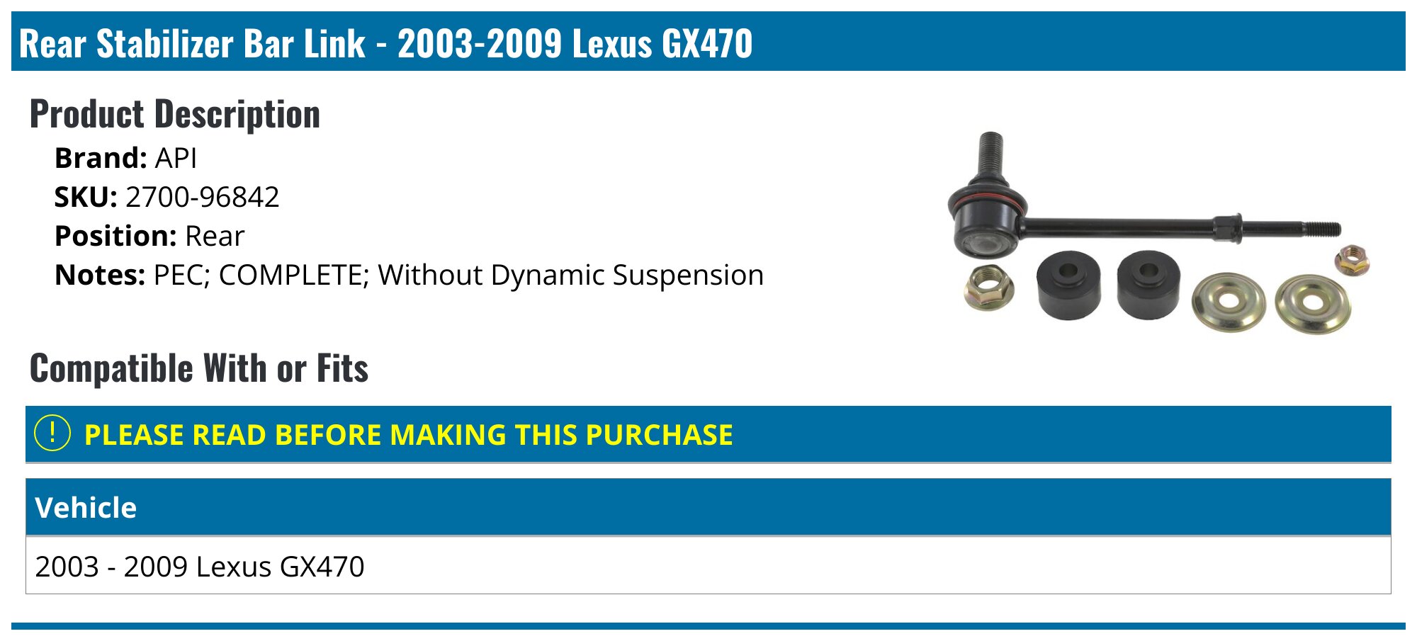 2003-2009 Lexus GX470 Sway Bar Link - API 7906-07803877 - Rear ...