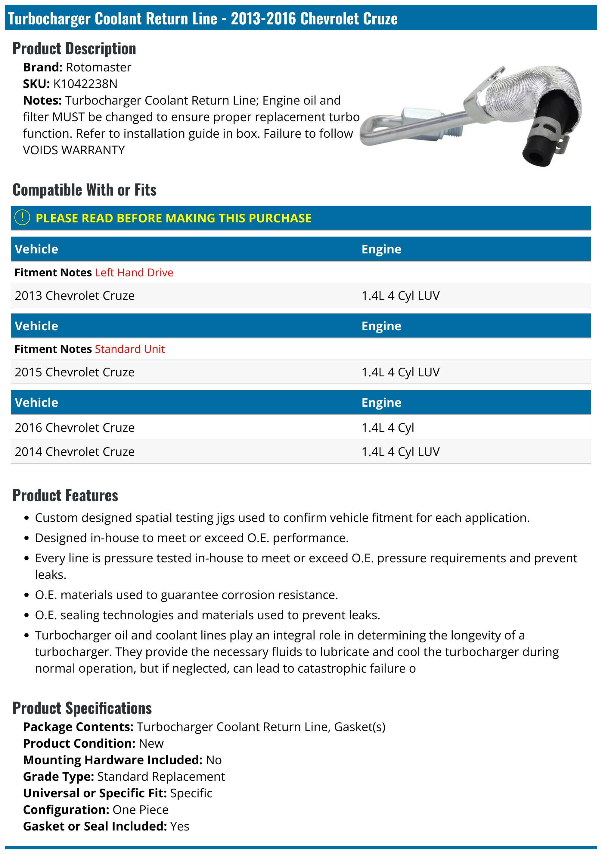 2013-2016 Chevrolet Cruze Turbocharger Coolant Return Line - Rotomaster ...